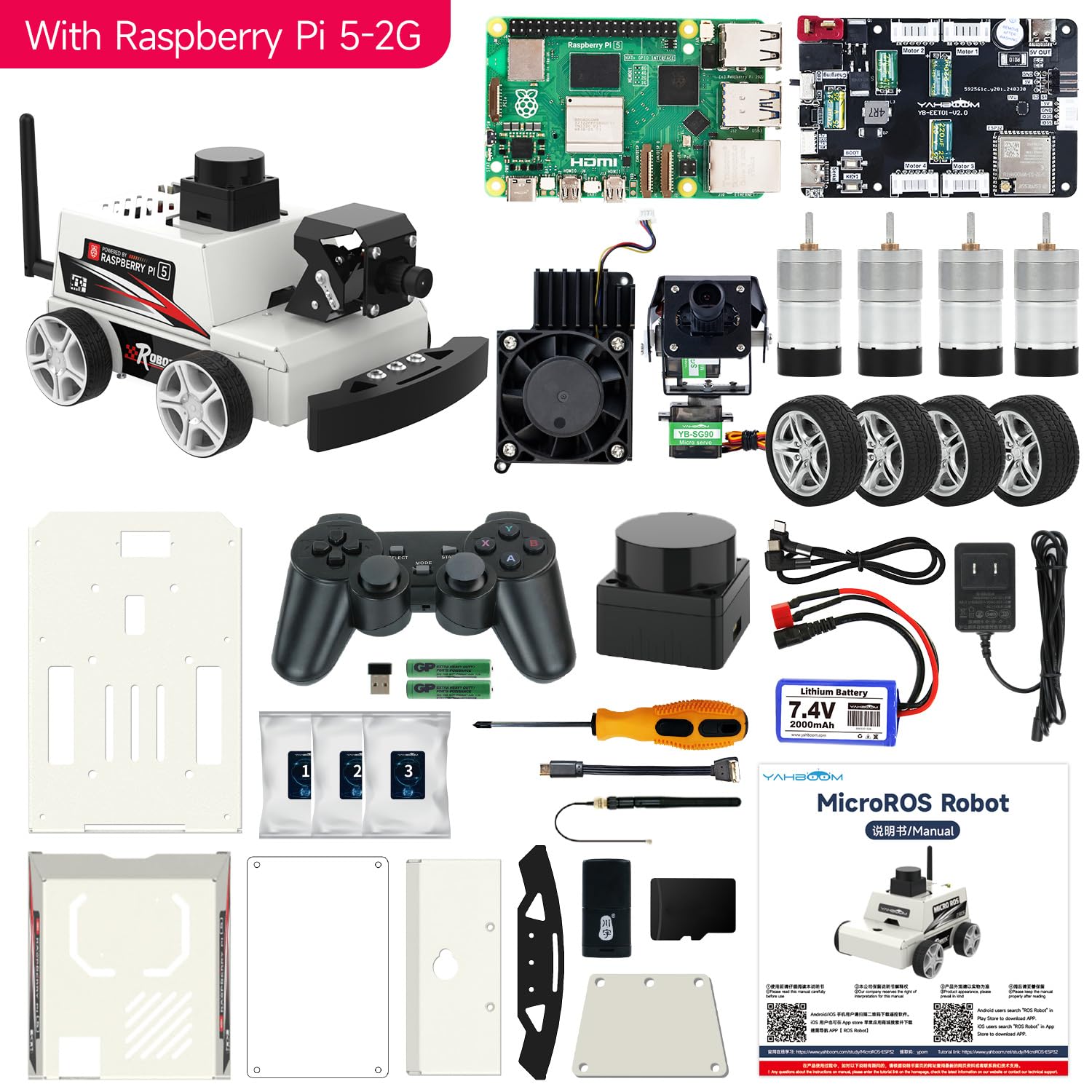 Yahboom Raspberry Pi 5 AI Visual ROS2 Smart Robot Car Kit 2DOF Carmer Autonomous Driving Lidar ...