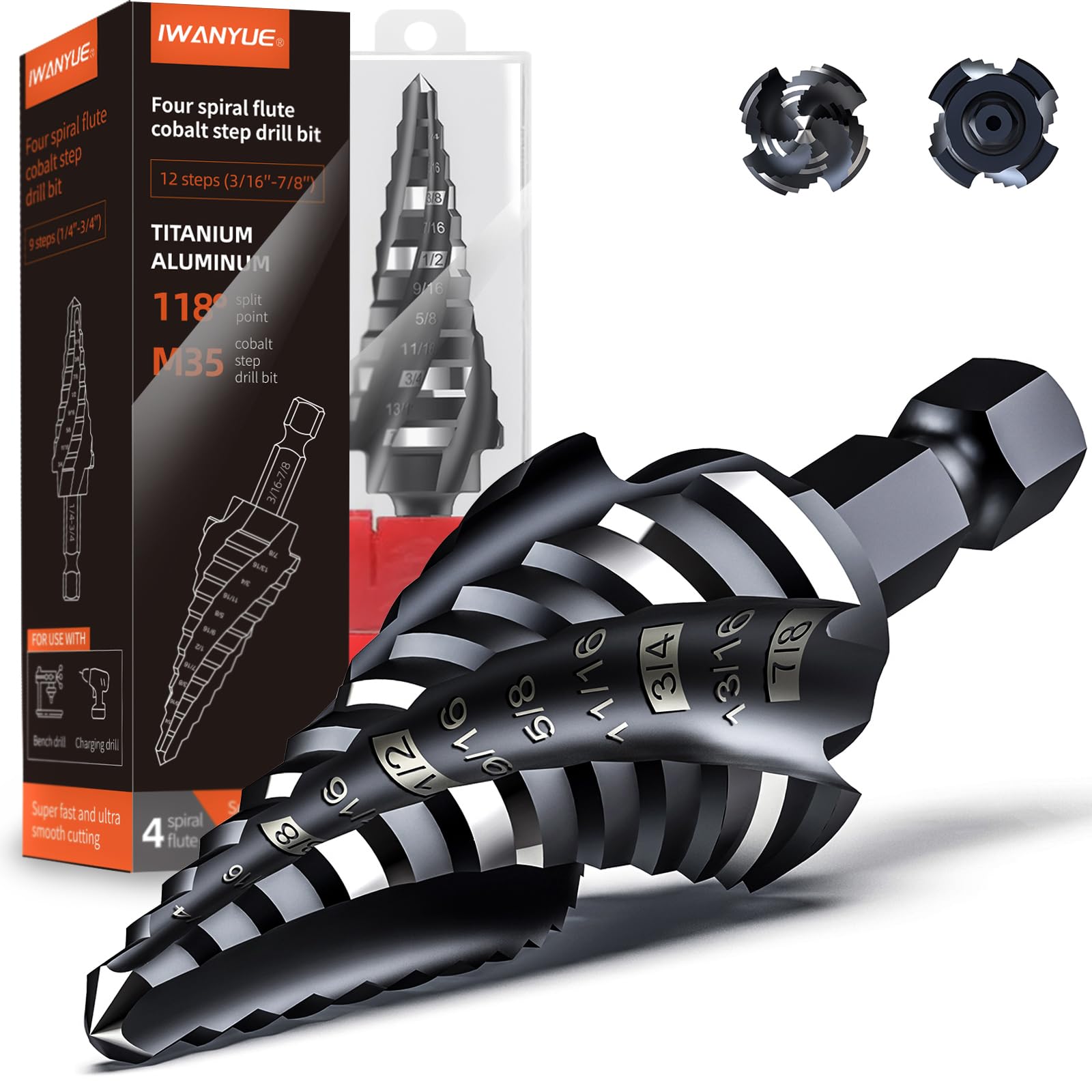 M35 Cobalt Step Drill Bit Set, Four Spiral Flute Cobalt Step Drill Bit ...