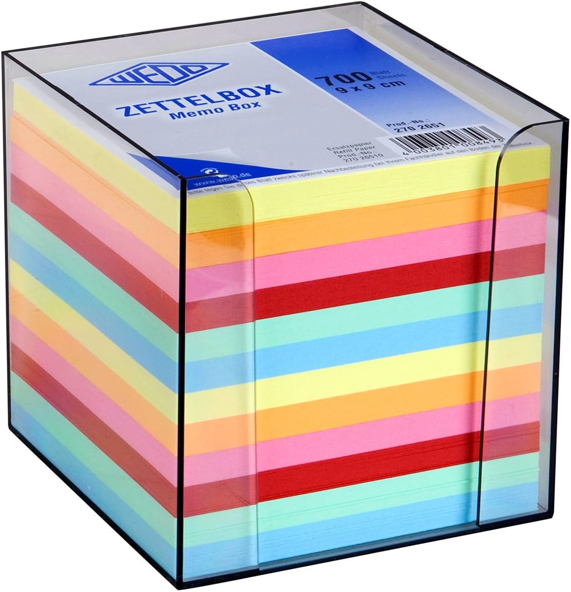 Wedo 2702651 Zettelbox Kunststoff (9 x 9 cm, rauchglas gefüllt, circa 700 Blatt, 6 farbig ...