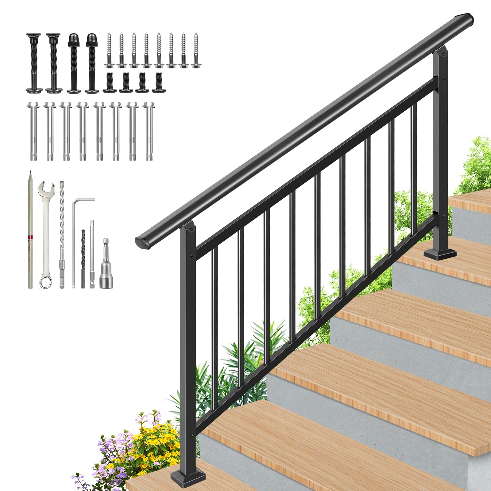 Upgrade Adjustable 5 Steps Handrail, 63"x38" Stair Railing Kit ...