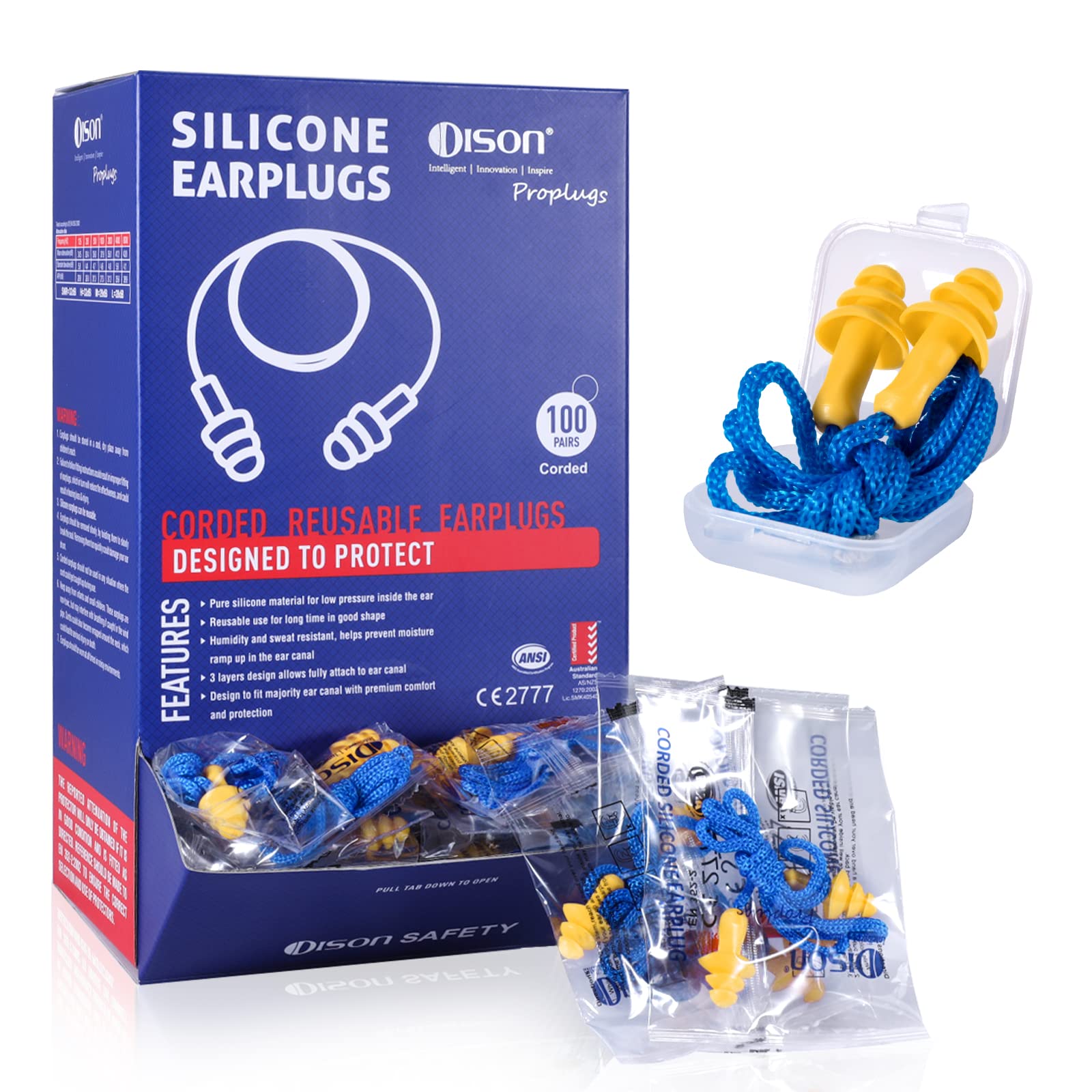 Dison 100Pairs Silicone Ear Plugs, 32dB Corded Reusable Earplugs for ...