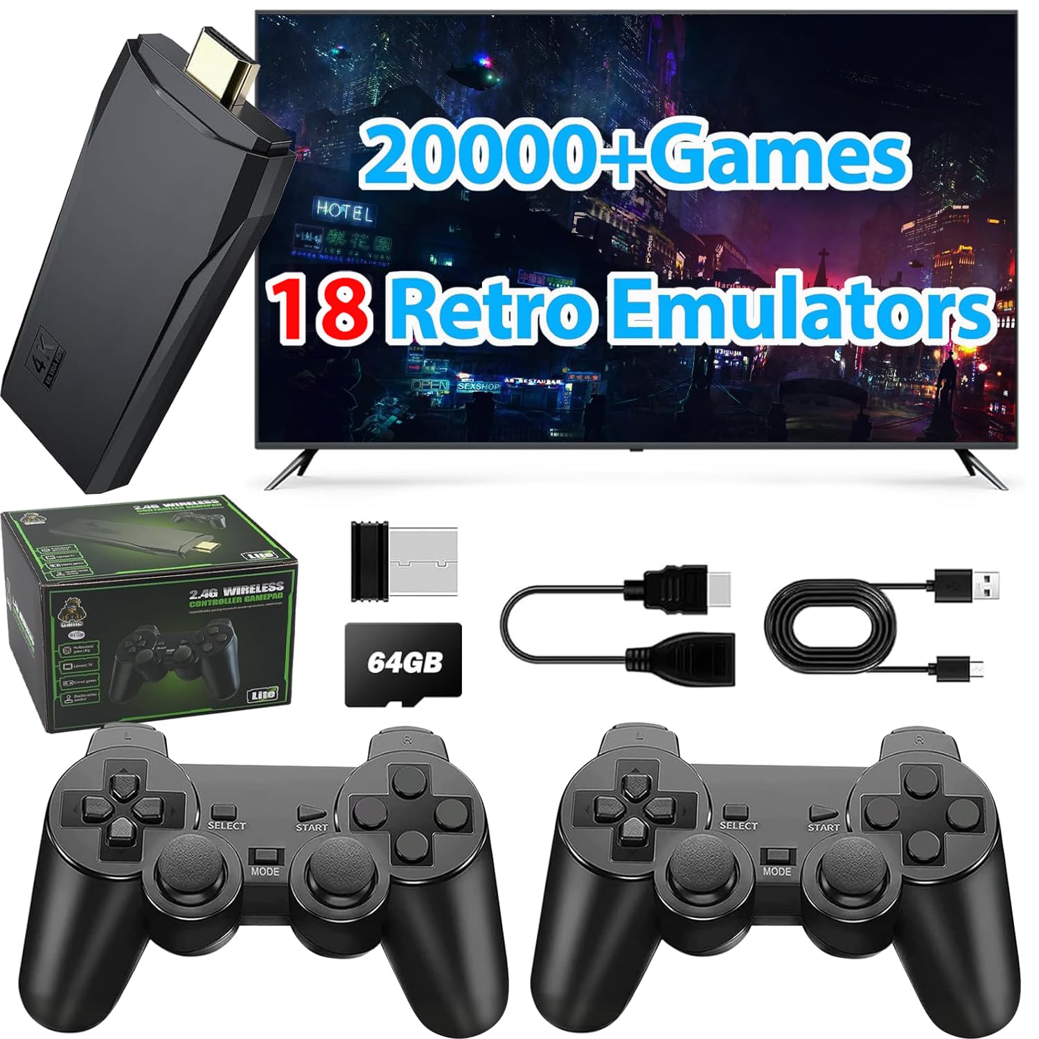 Wireless Retro Game Console Stick Built-in 20000+ Classic Games, 4K HDMI Output Nostalgia Plug ...