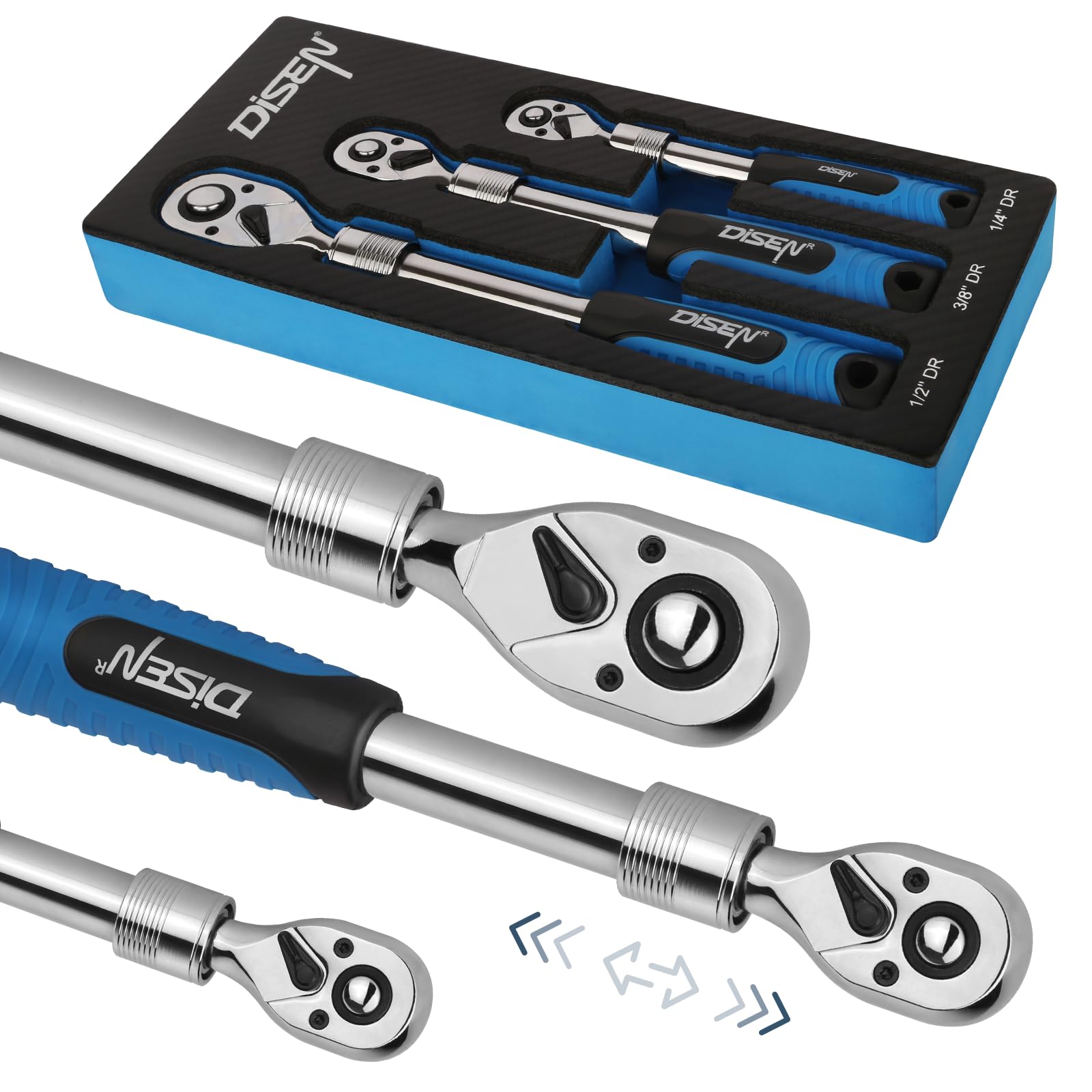 DISEN 3PCS Extendable Ratchet Wrench Set,1/4" 3/8" 1/2" Drive 72-Tooth ...