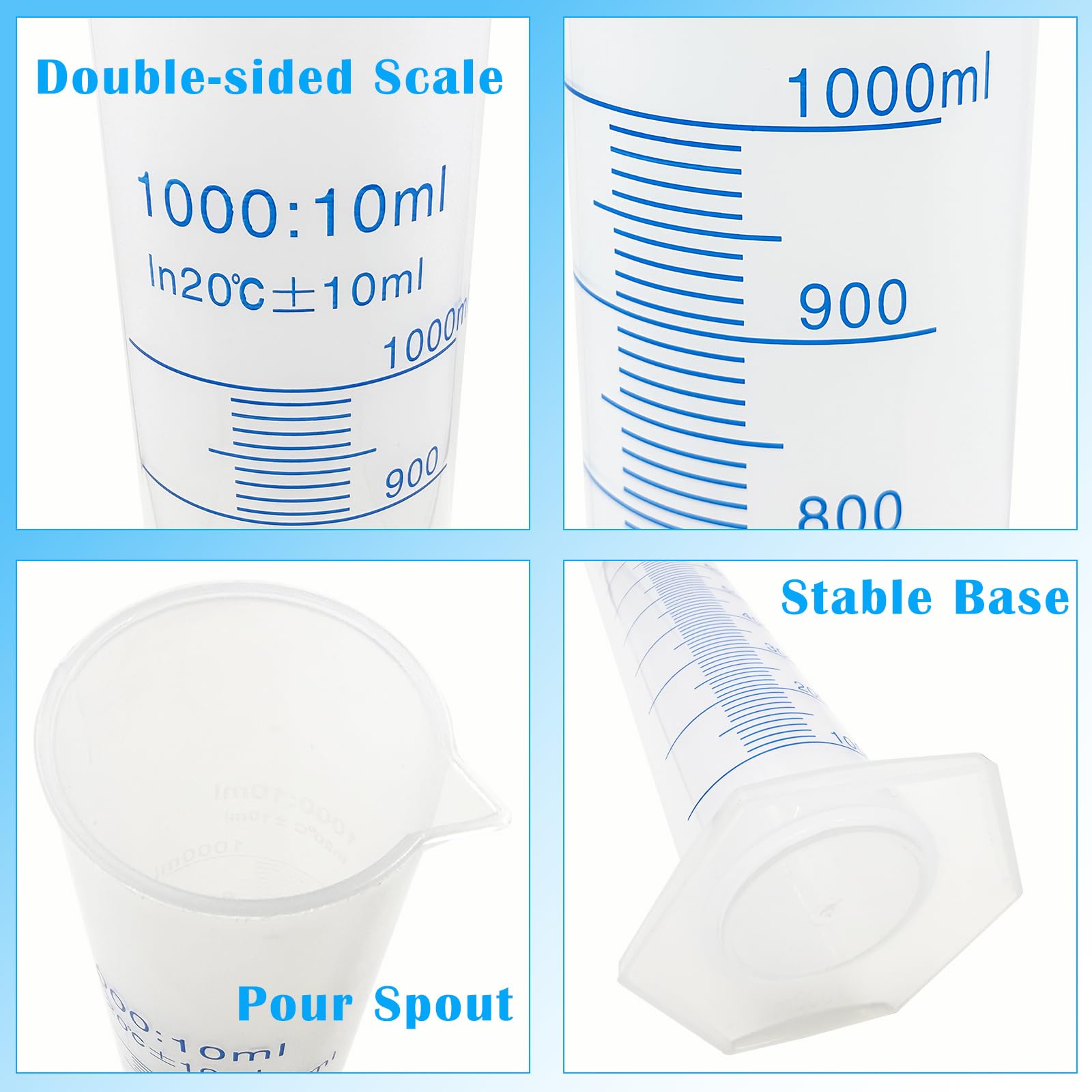 Nexboraque 4 Pack 1000ml Plastic Graduated Cylinder, Printed And Molded ...