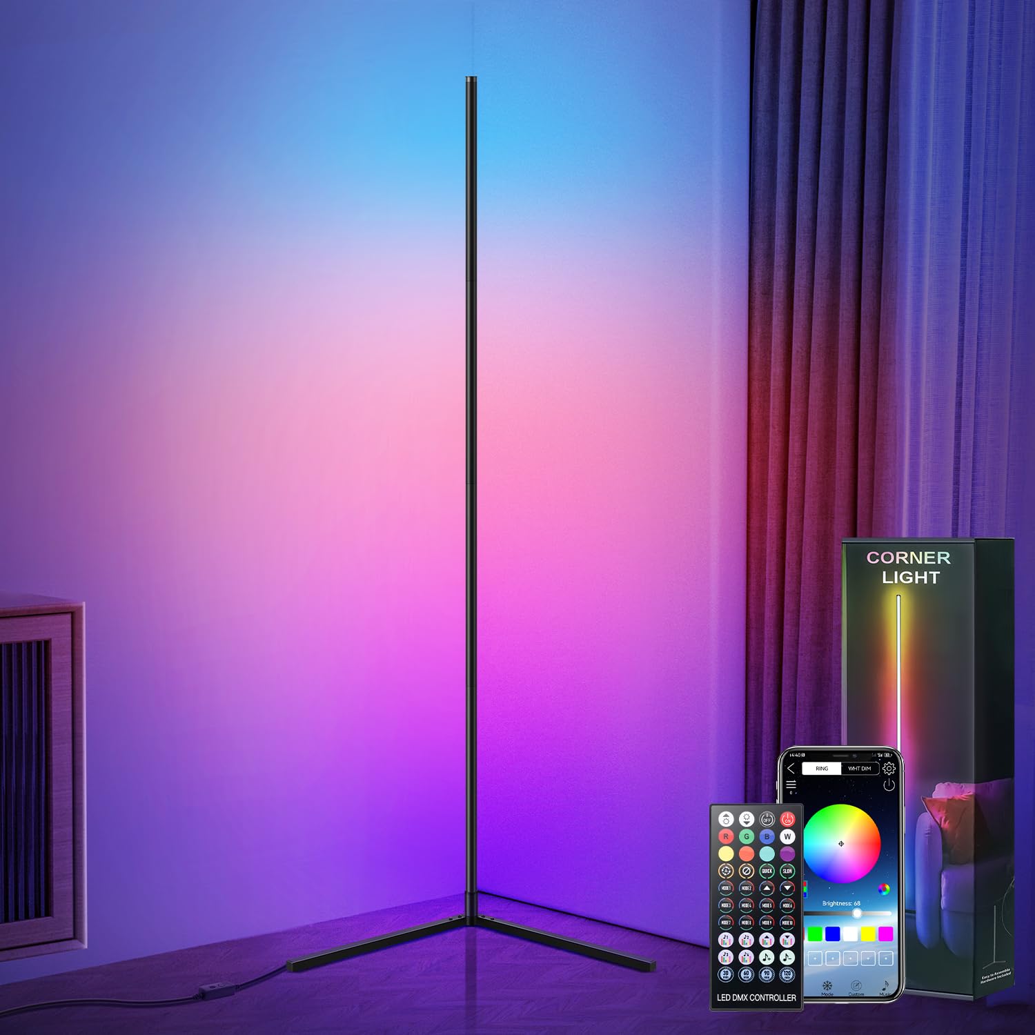 Corner Floor Lamp, Smart Adjust RGB LED Lights with 20 Million Colors ...