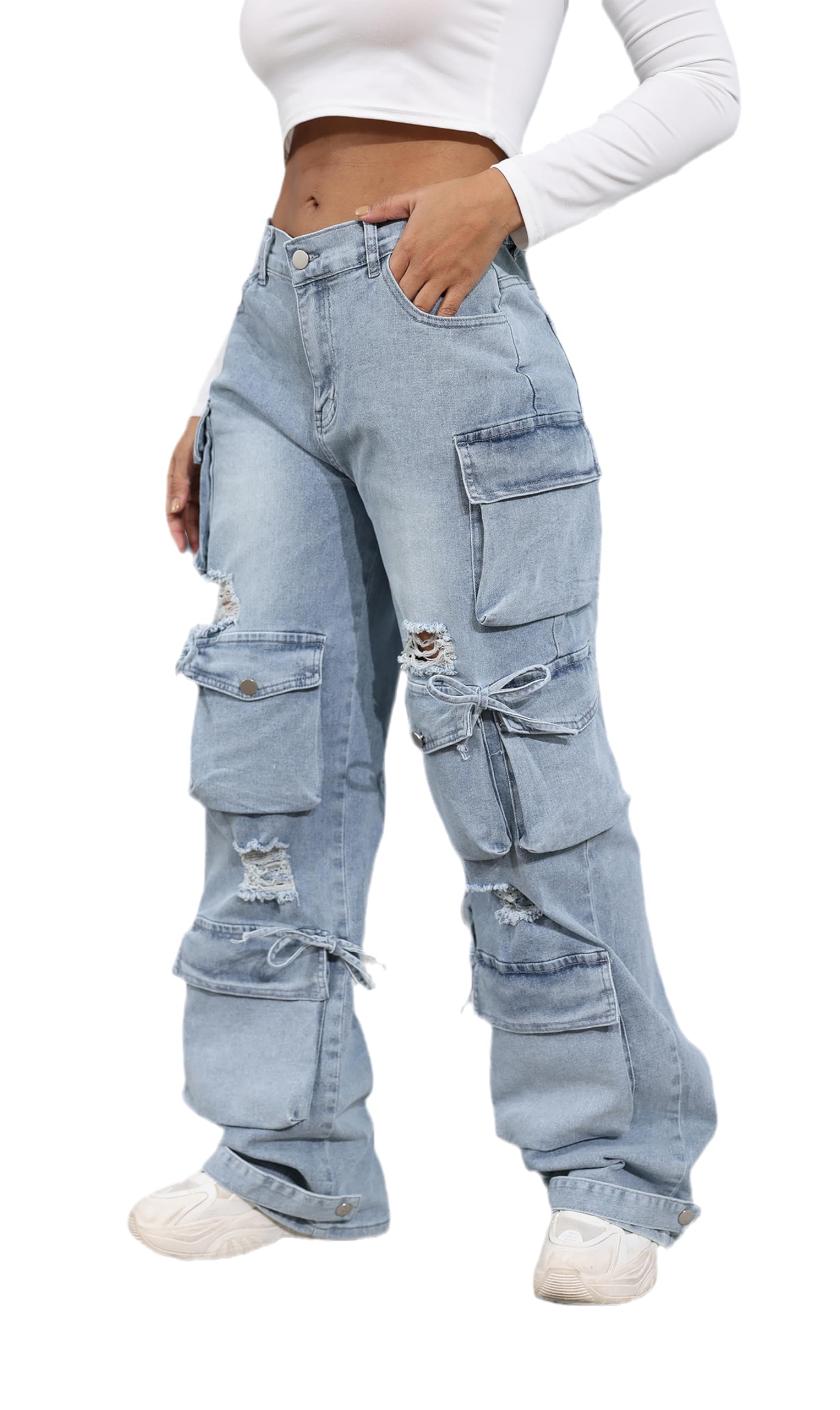 Ryehack Women’s Baggy Jeans Y2k Cargo Jeans Casual High Waist Baggy Denim Cargo Pants with ...