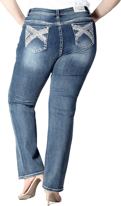 Grace in LA Plus Size Mid Rise Rhinestone Pocket Embellished Straight ...