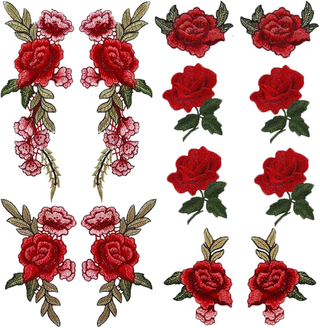 Amazon.com: Comfun 12 Pack Sew On Red Rose Flower Patch Badge ...