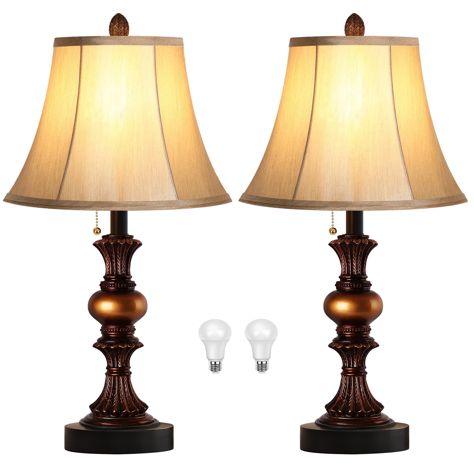 Traditional Table Lamp Set of 2, Vintage Bedside Lamps with 3 Color ...