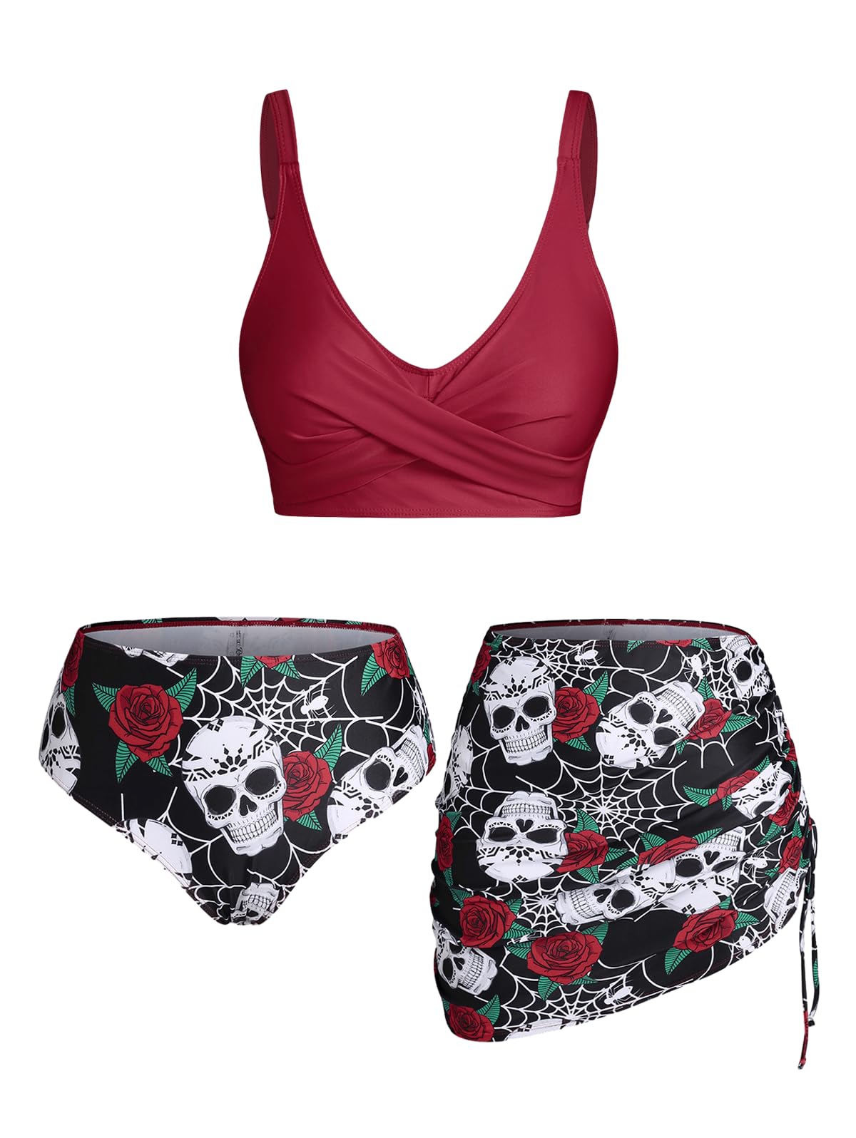 Rosegal Plus Size Women 3 Piece Tankini Swimsuit Gothic Skull Rose ...