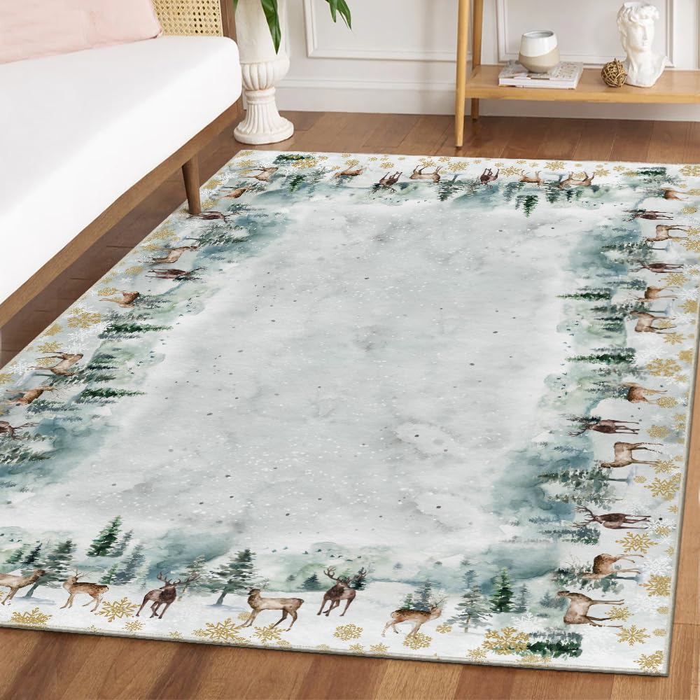 Artoid Mode Deer Snowflakes Pine Tree Christmas Area Rug, Xmas Winter ...