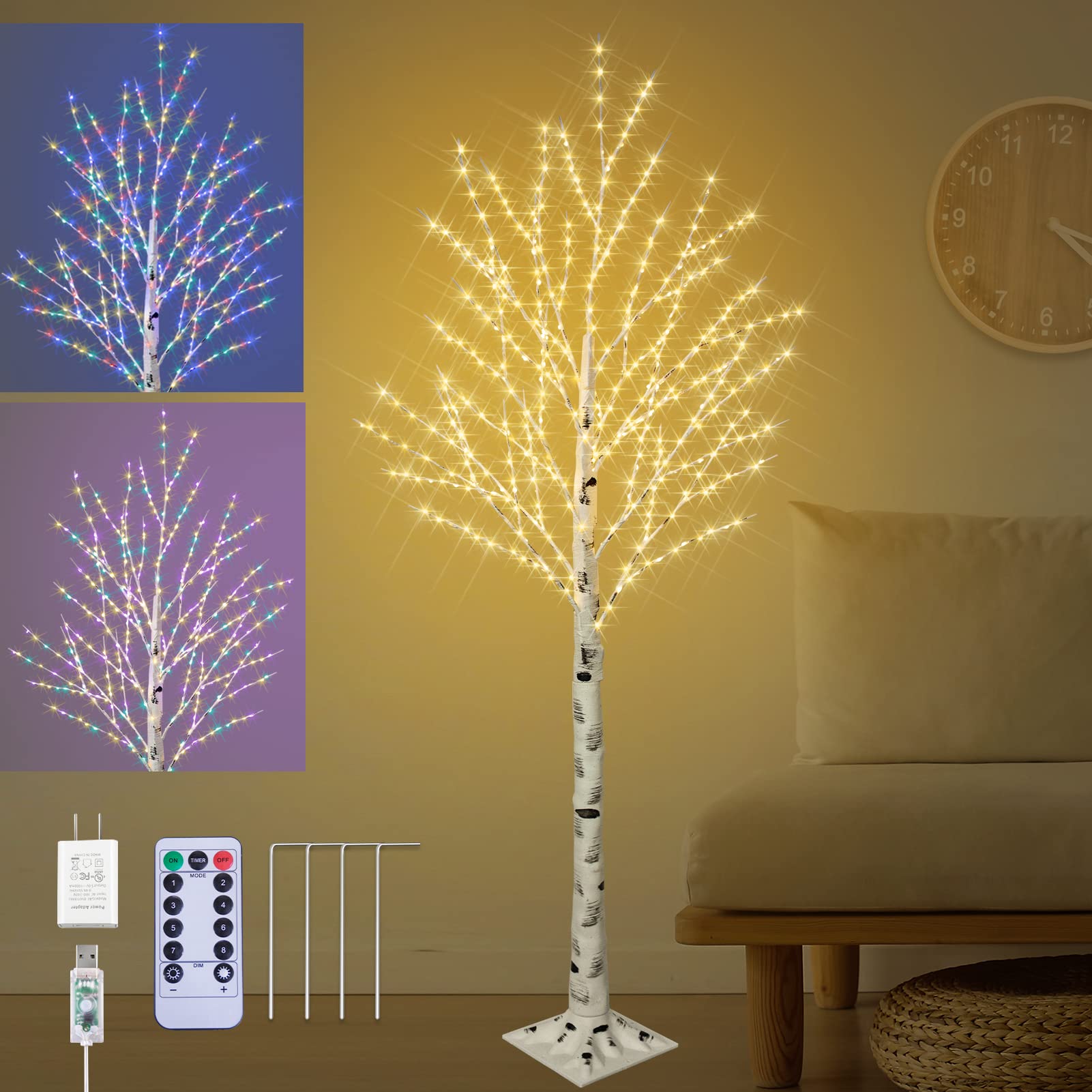 6Ft Lighted Birch Tree, Remon 440LED Multicolor & Warm White Fairy ...