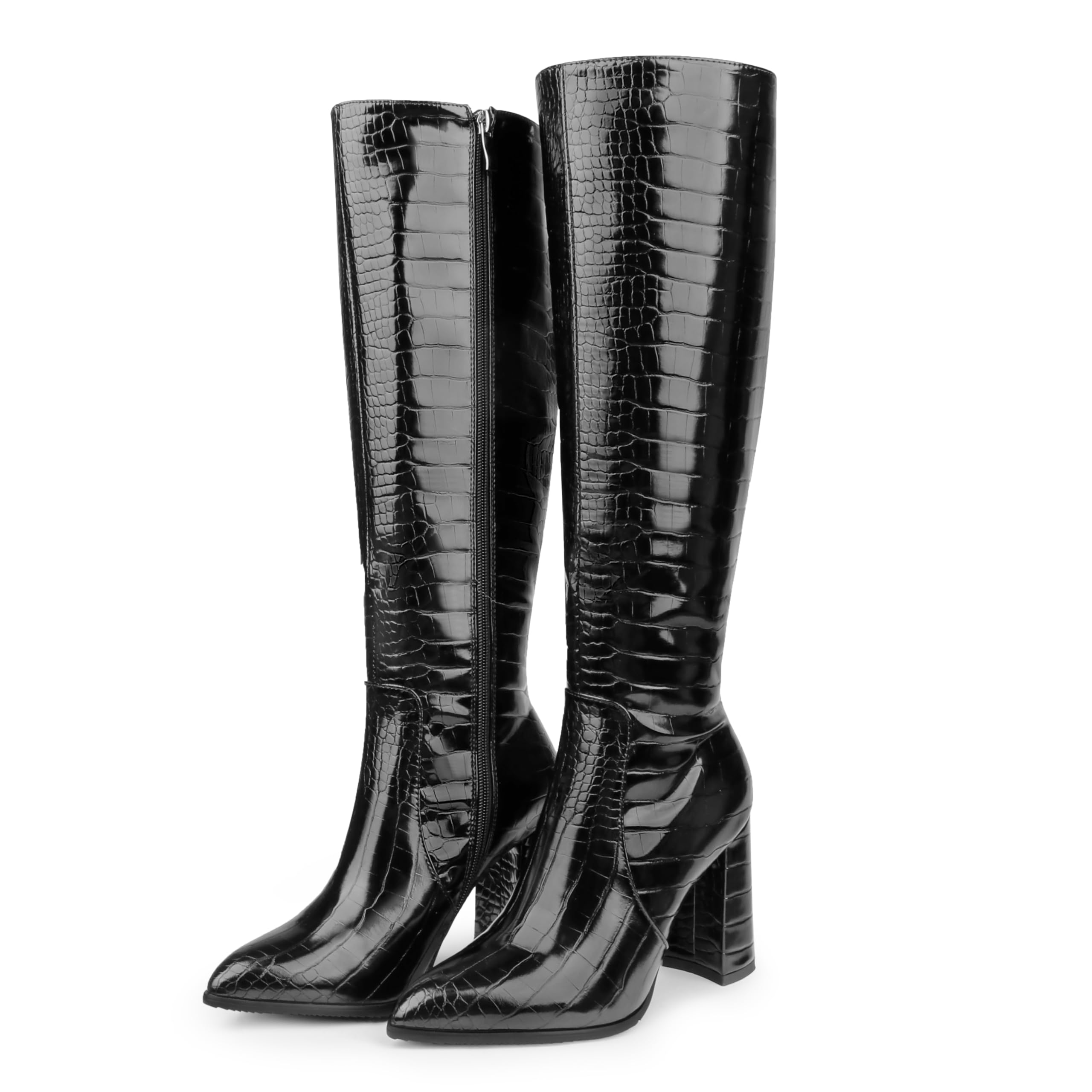 MERUMOTE Women's Knee High Boots Pointed Toe Chunky Heels Side Zipper Boots Faux Crocodile Boots ...