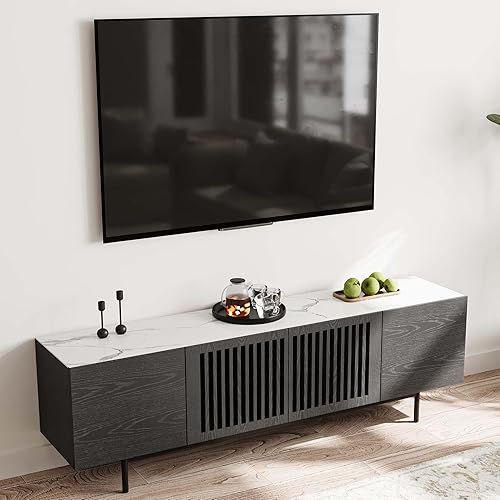 POVISON Mid Century Modern Sintered Stone TV Stand, Slatted Media ...