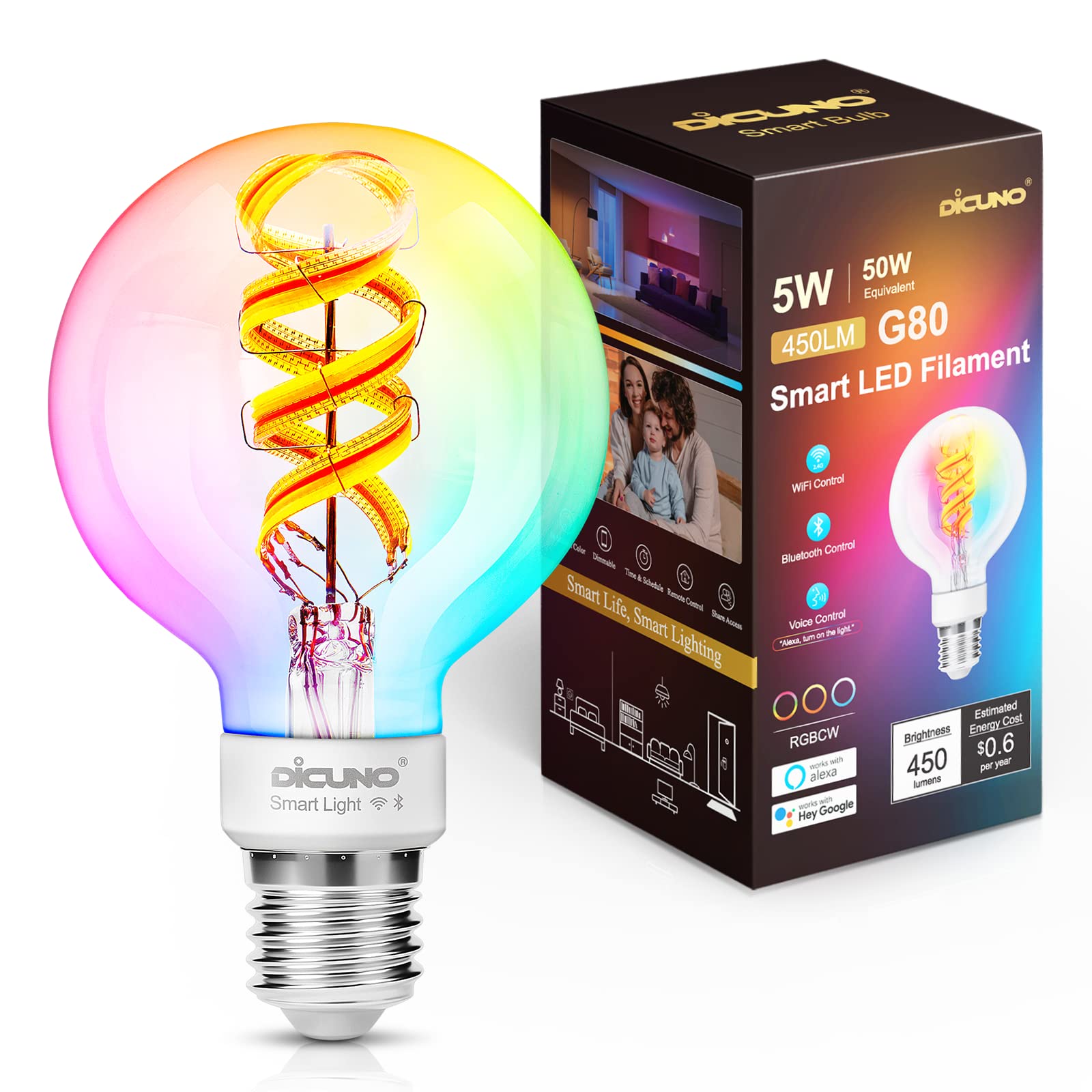 DiCUNO Smart Edison Bulb G80, Color Changing WiFi Smart Light Bulb ...