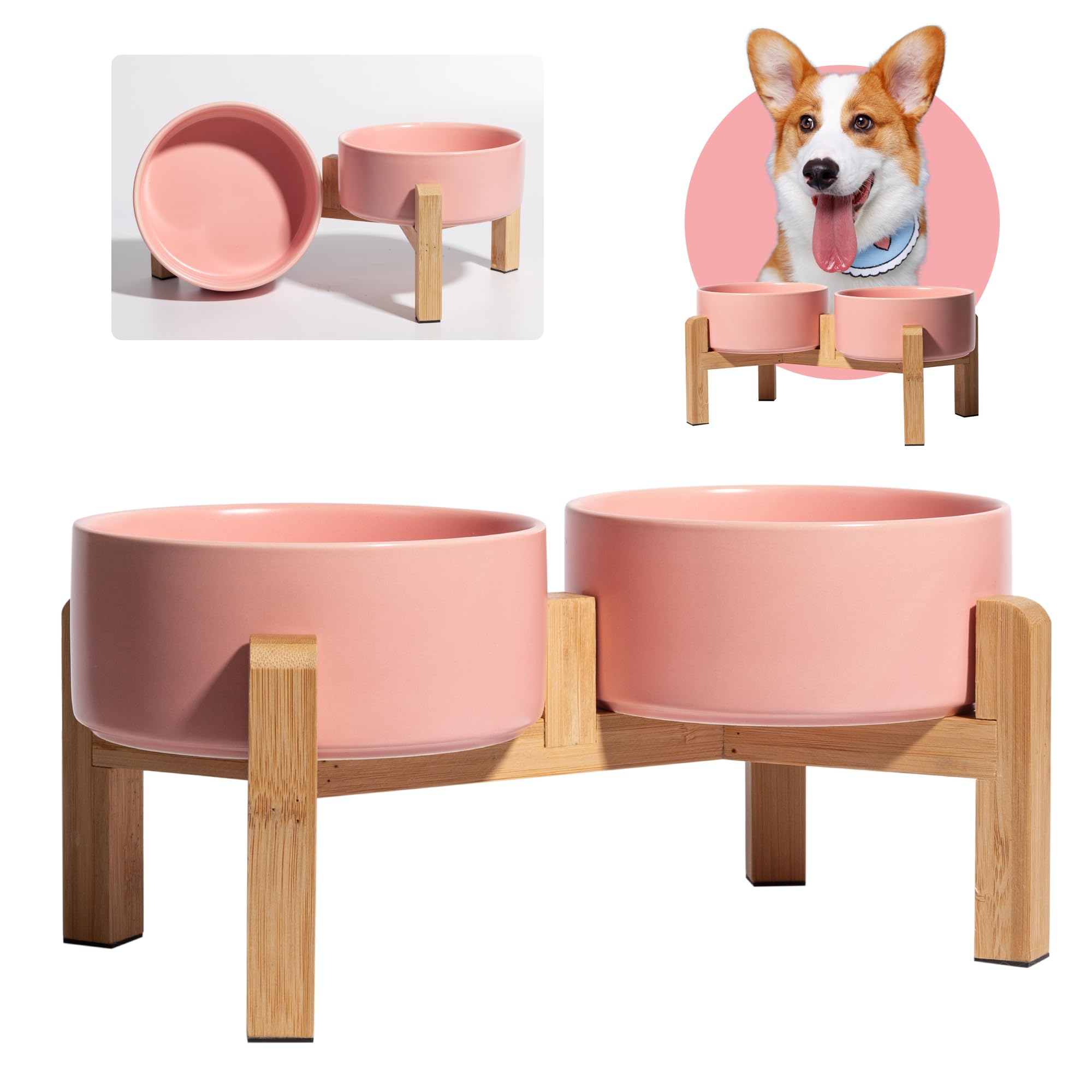 Elevated Ceramic Dog Bowl Set - Raised Dog Bowls with Non-Slip Bamboo ...