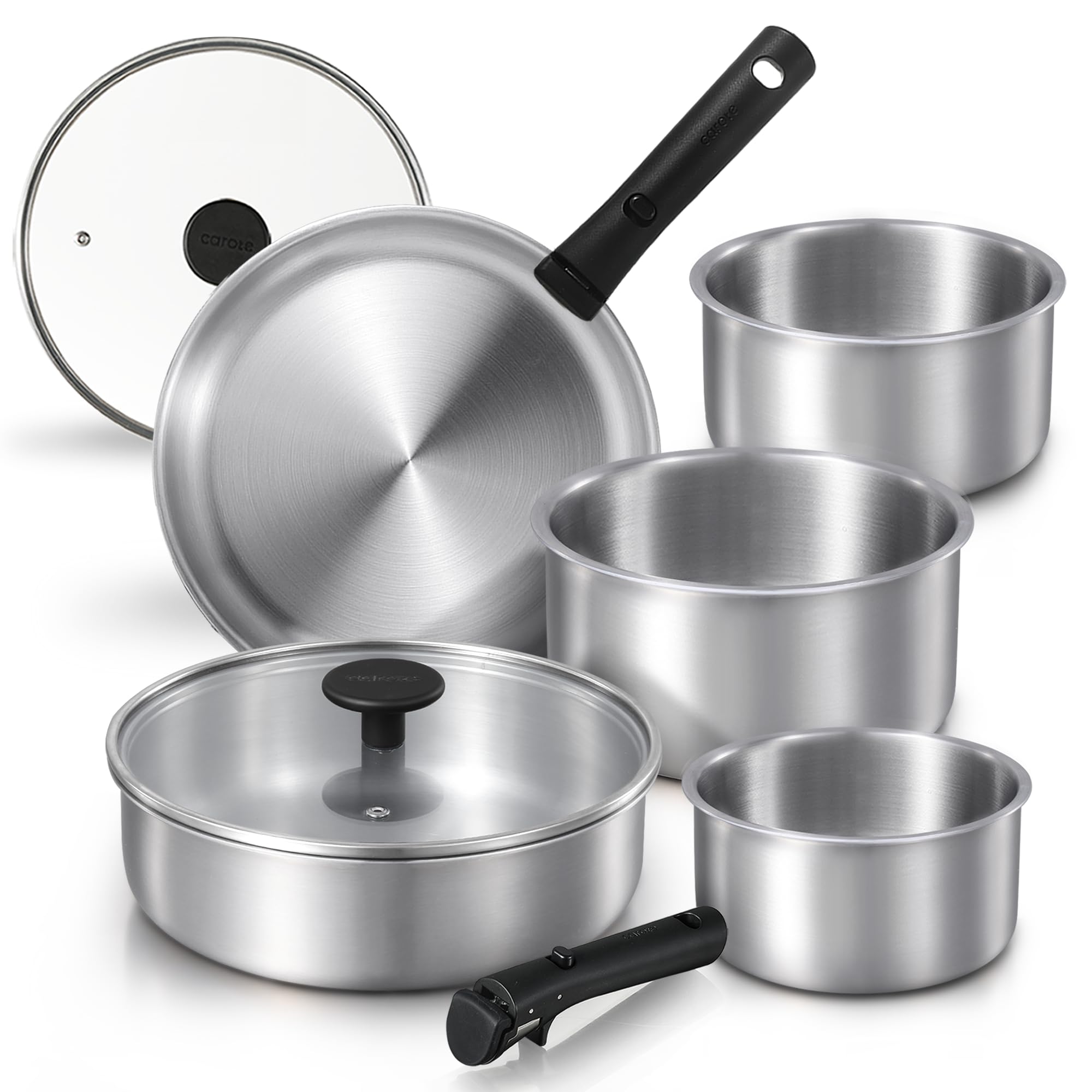 CAROTE Pots and Pans Set, Stainless Steel Cookware Set Detachable ...
