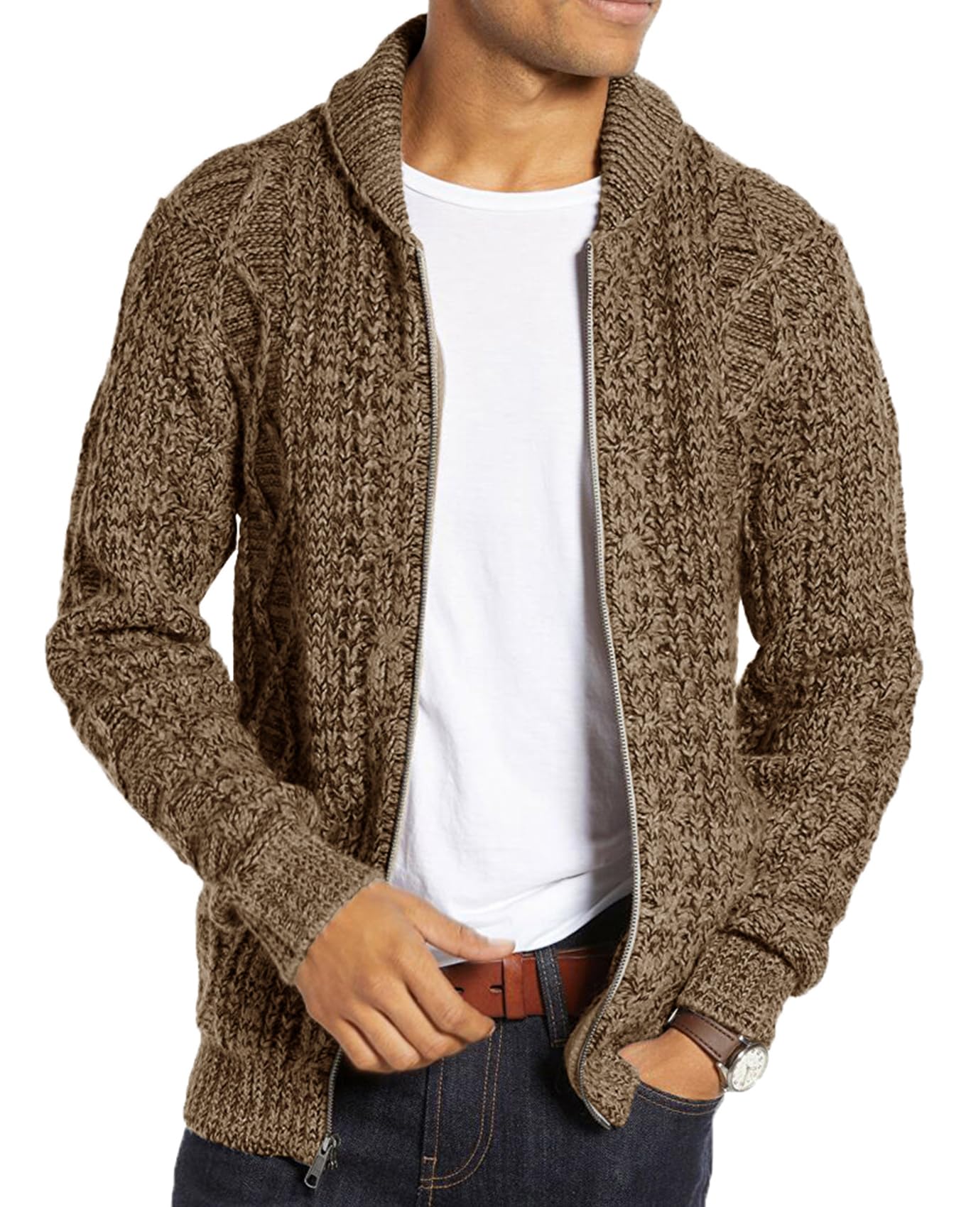 Ryannology Mens Shawl Neck Cardigan Sweater Cable Knit Zip Up Winter ...