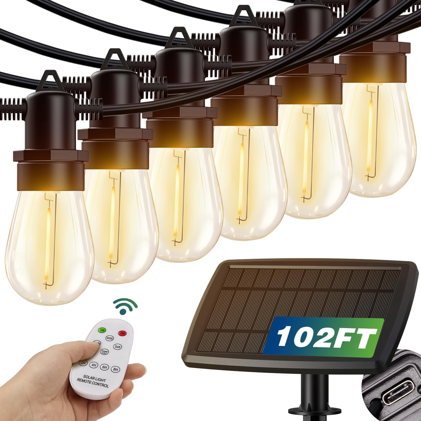 KYY 102FT(96+6) Solar String Lights Outdoor with USB Port Remote ...