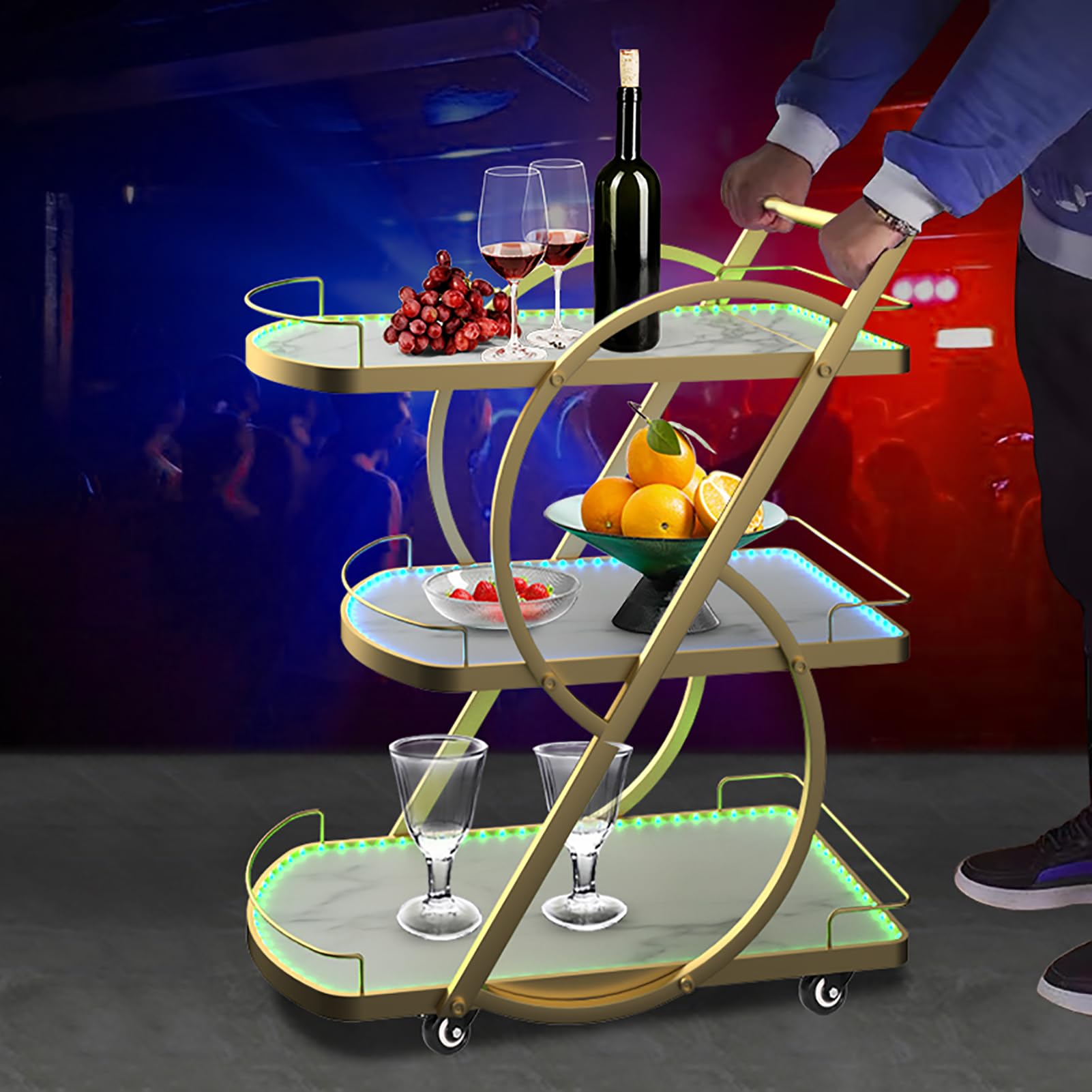 SQXLXDD Gold Bar Cart, Home Kitchen Serving Cart with Led Light, 3-Tier ...