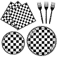 Amazon.com: 96 Pcs Checkered Plates and Napkins Party Supplies Racing ...