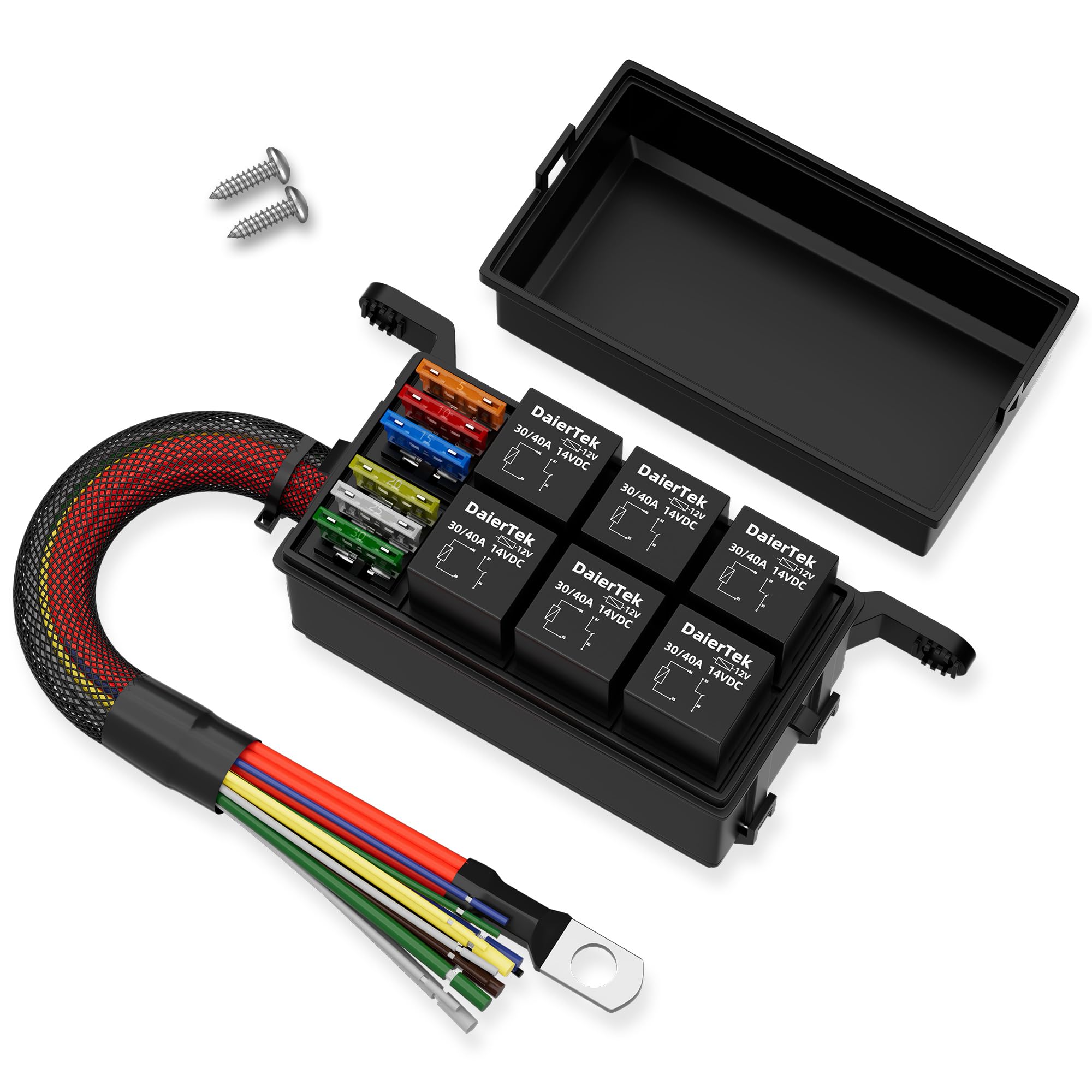 DaierTek 12V Relay Box 6 Way12 AWG Pre-Wired Waterproof Relay Box 6 Slot ATC/ATO Fuse Relay ...