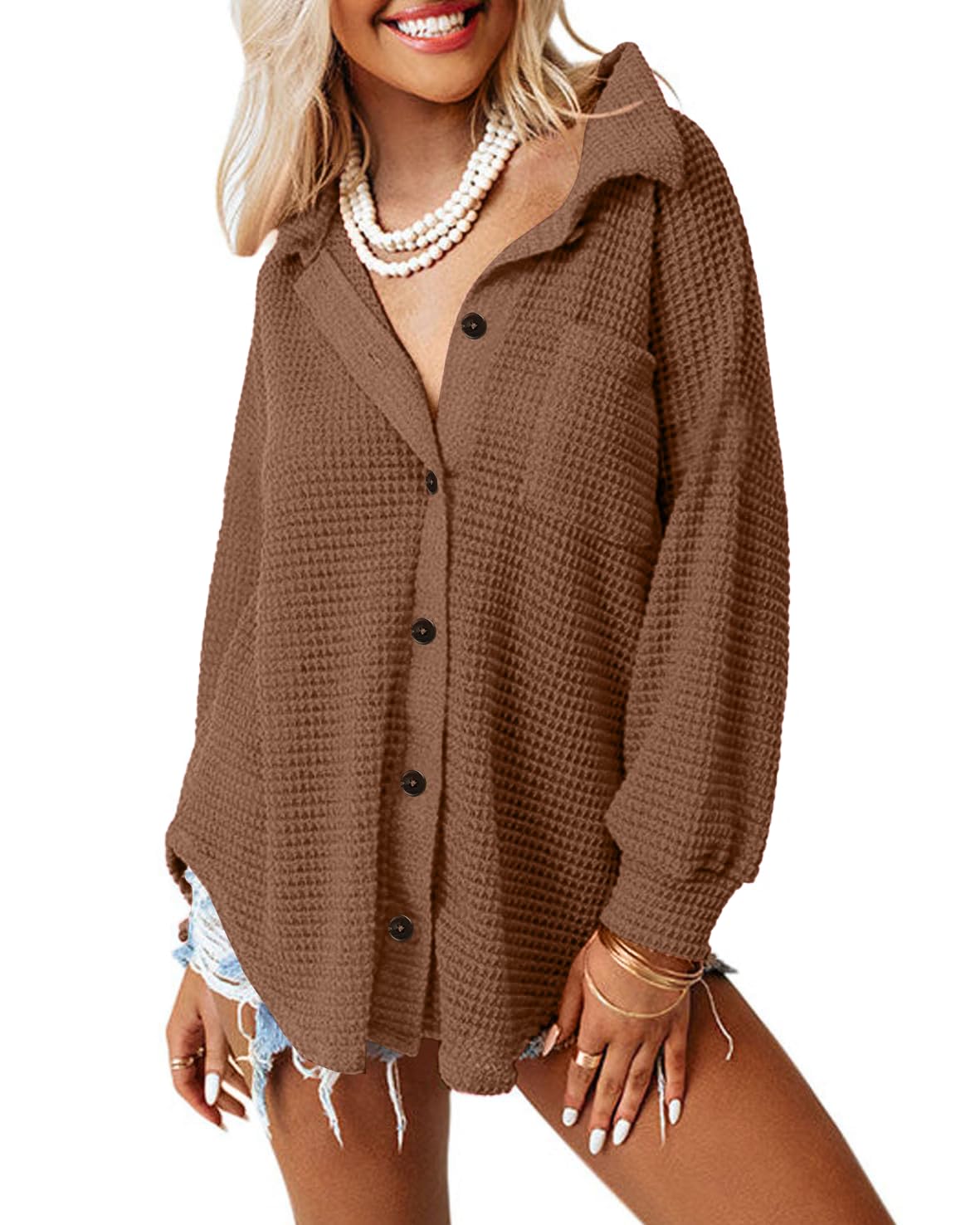 Size S, Beaully Womens Waffle Knit Shacket Oversized Button Down Shirt ...