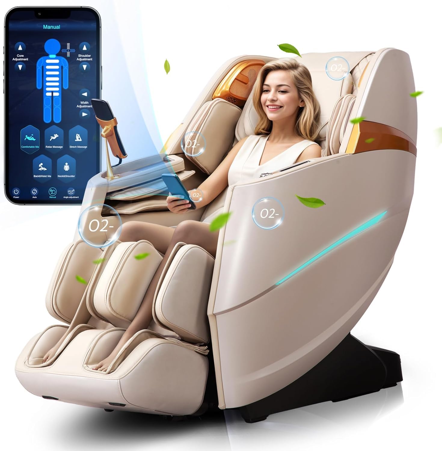HealthRelife 4D Massage Chair Full Body Zero Gravity Recliner - 55“ SL-Track,20 Auto Modes,11 ...