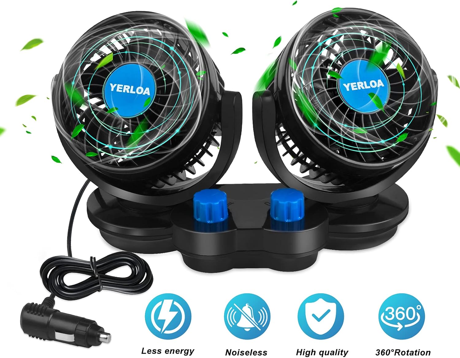Yerloa Car Fan, 12V Dual Head Car Fans, 360°Rotatable with 2 Speed ...