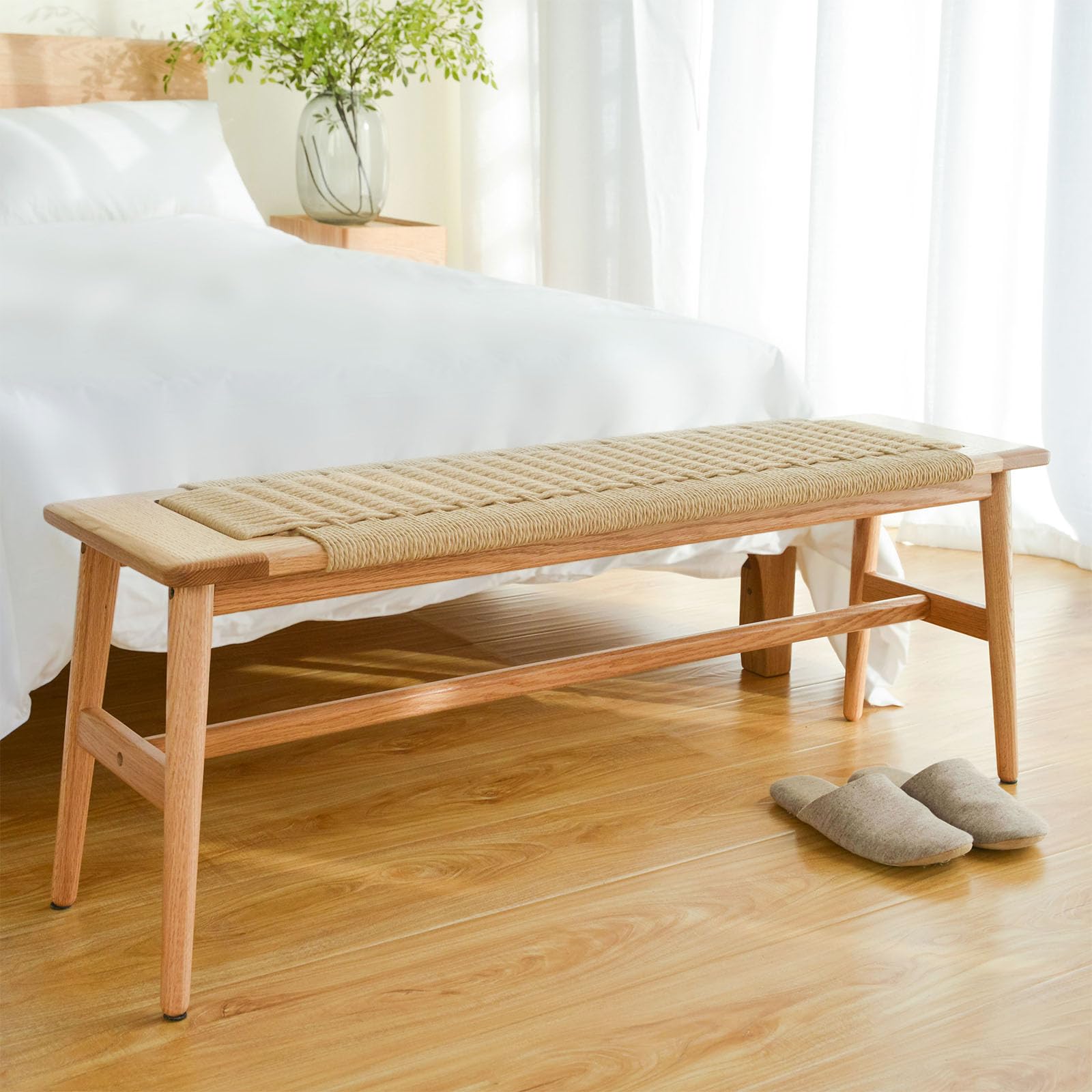 OOKSEN Wooden Dining Bench, 43.3" Solid Wood End of Bed Benches ...