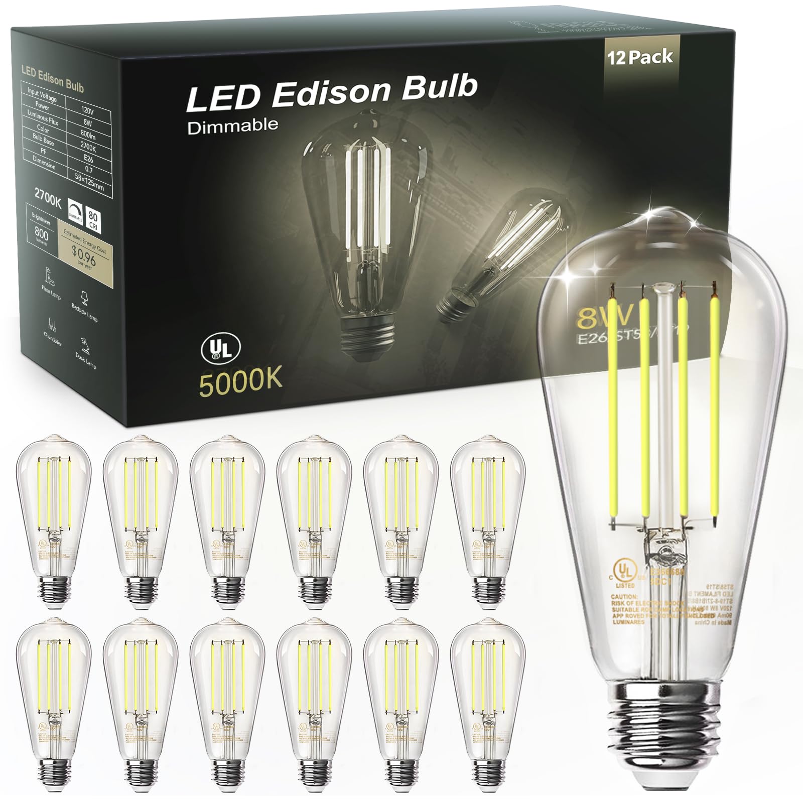 TJOY 12 Pack Edison Light Bulbs 60W Equivalent, Dimmable Vintage LED ...
