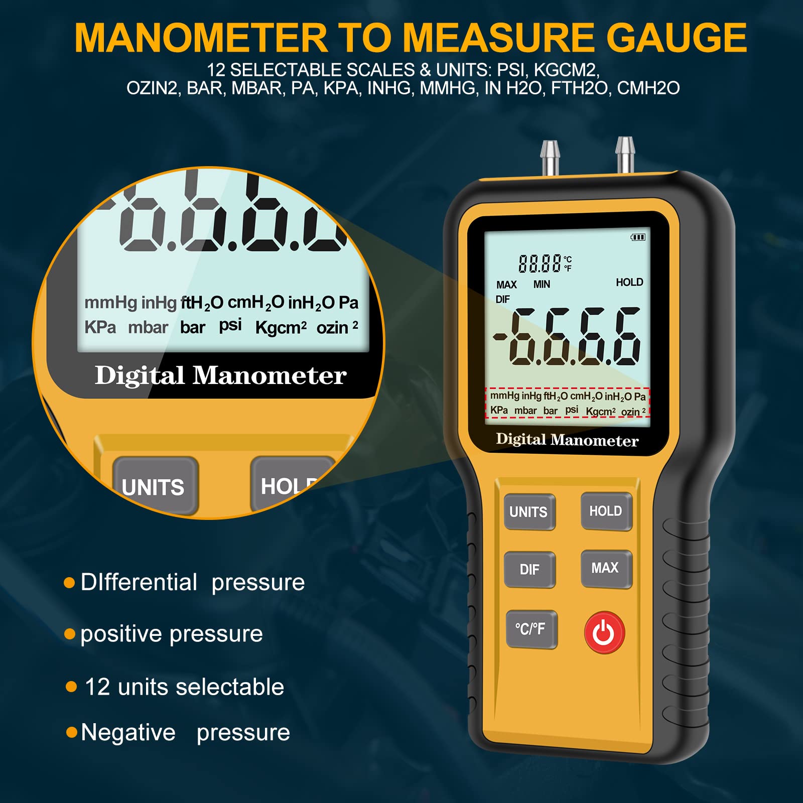 Mua Manometer, Professional Air Pressure Meter, Dual-Port HVAC Digital ...