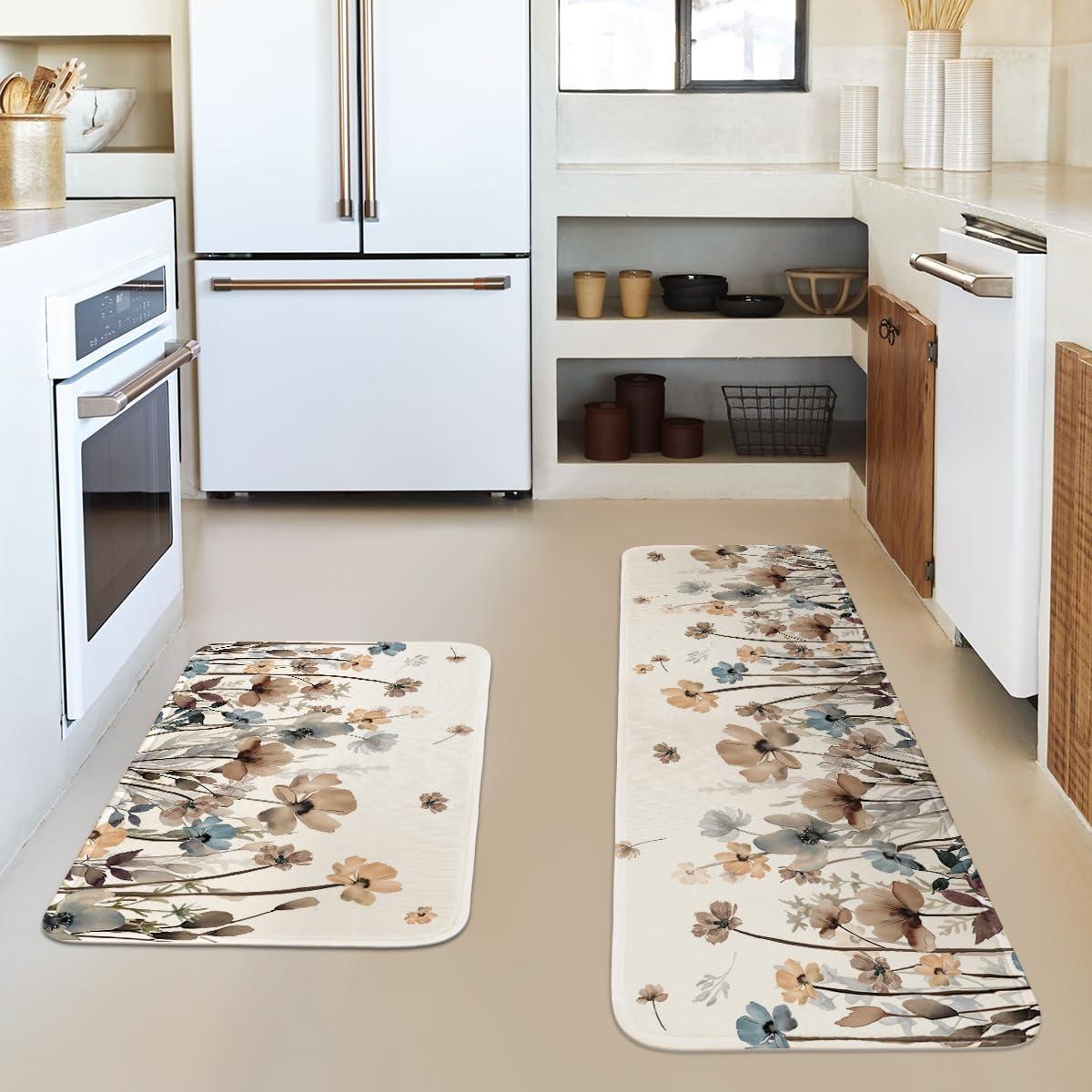 Brown Poppy Floral Leaves Spring Kitchen Mats Set of 2, Spring Home ...