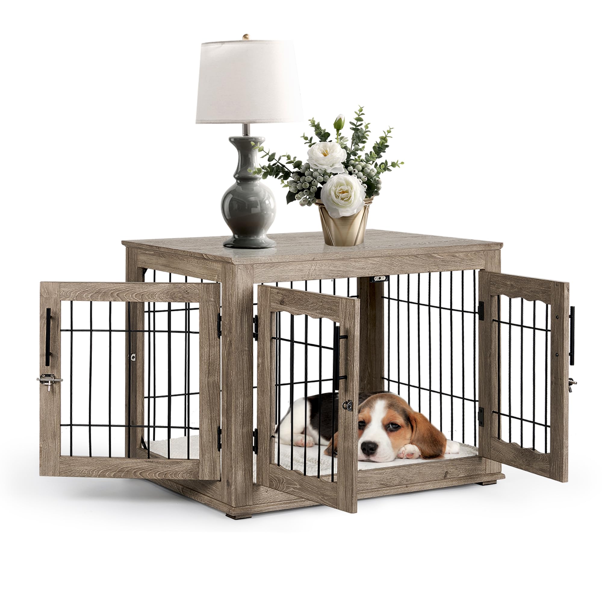 Upolana Dog Crate Furniture with Bed Pad, 32 inch Medium Wooden Dog ...