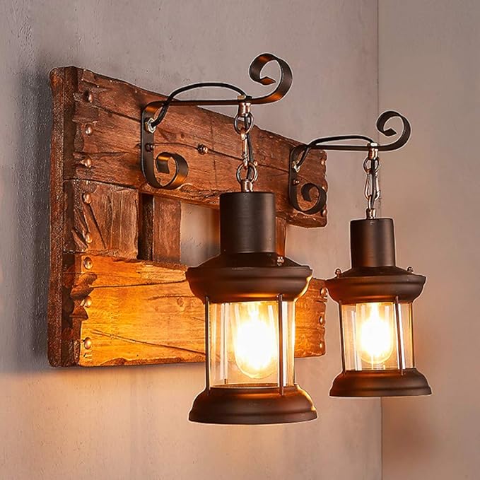 LAKIQ Industrial Farmhouse Wall Sconce Lighting Fixture Wooden Base ...