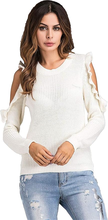 Pullover Punto Mujer Elegantes Primavera Otoño Volantes Manga Largo Off ...