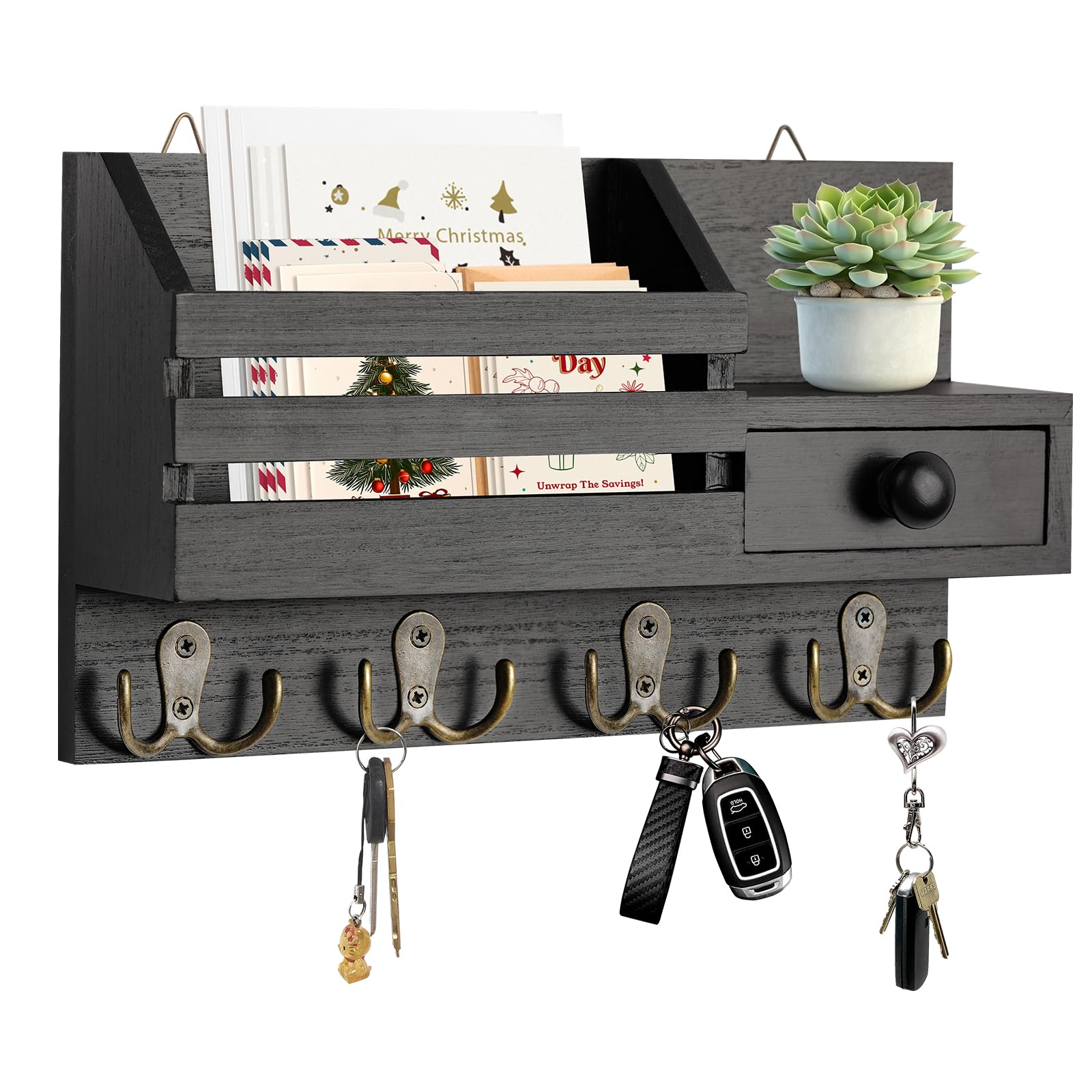 HOMEBROS Key Holder Wall Mount, Wooden Adhesive Mail and Key Organizer ...