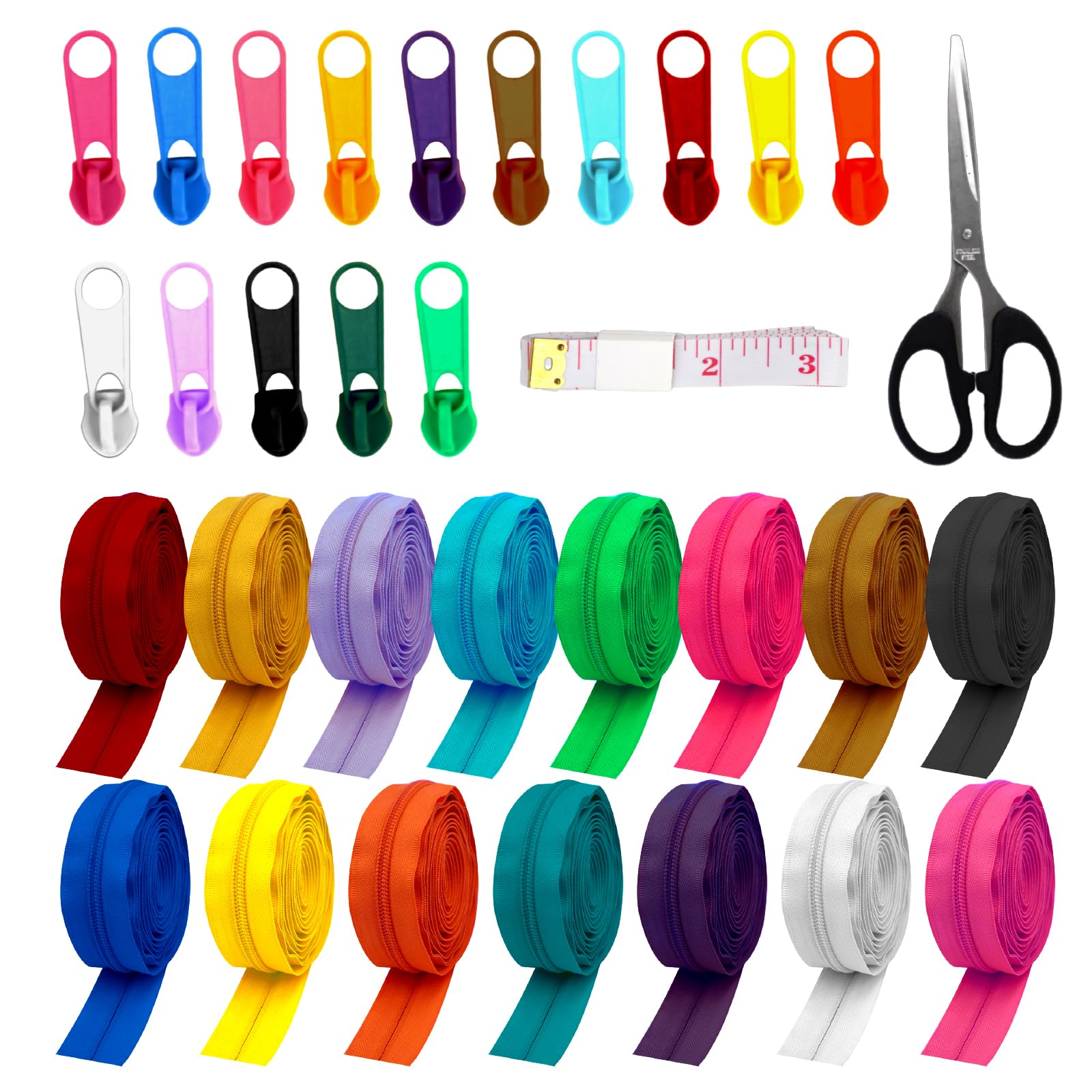 45 Yards 15 Colors #5 Nylon Coil Zippers,Assorted Lengths Sewing Zipper ...