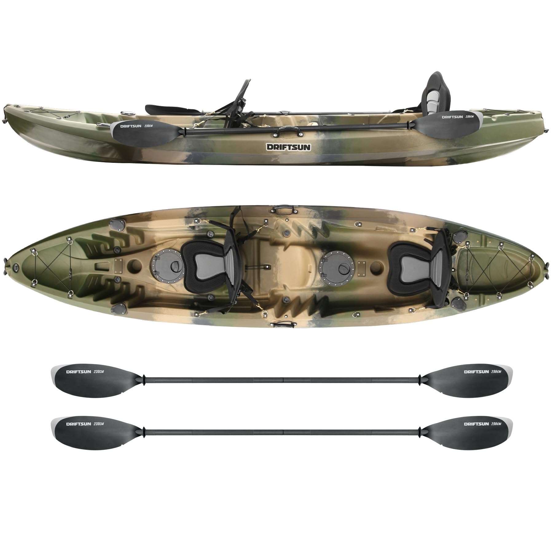 DRIFTSUN Teton 120 Hard Shell Kayak, 2 or 3 Person Sit On Top Fishing ...