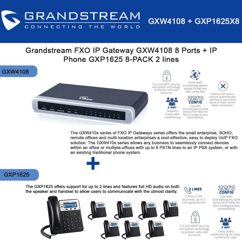 Buy Grandstream FXO IP Gateway GXW4108 8 Ports with IP Phone GXP1625 8 ...