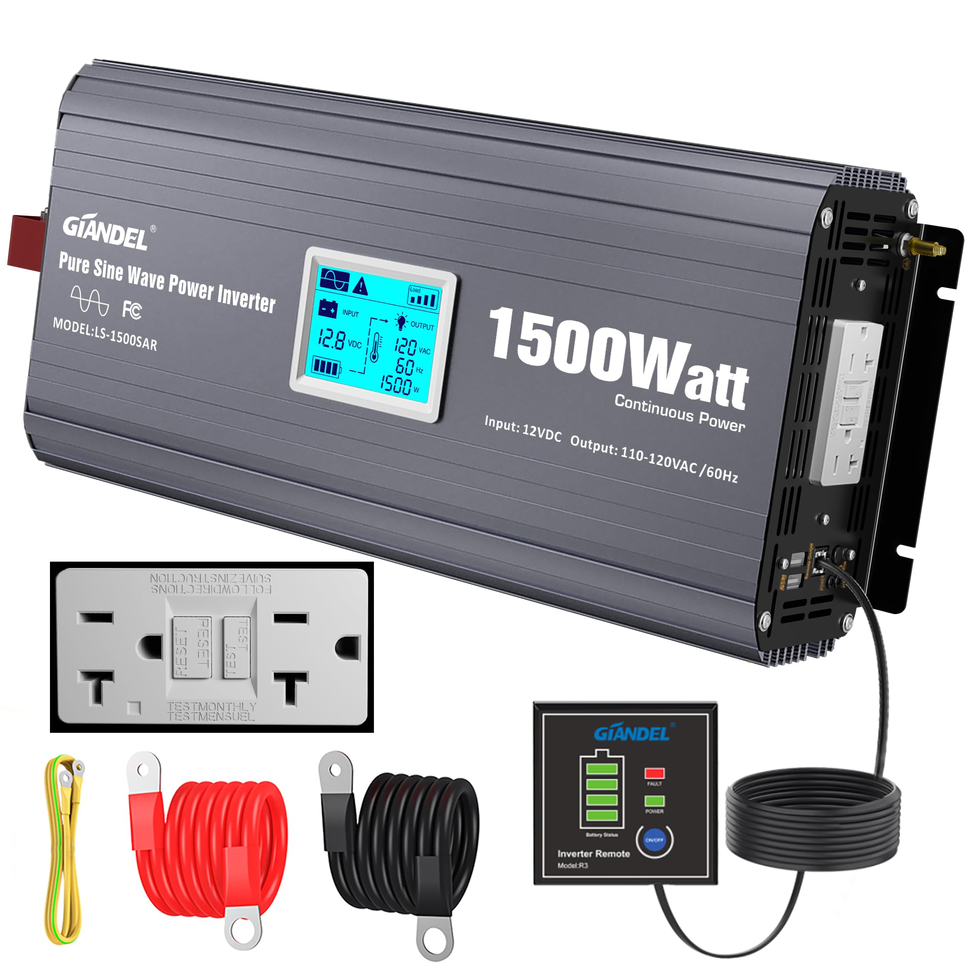 GIANDEL 1500 Watt Pure Sine Wave Power Inverter with UL458 GFCI Outlets ...