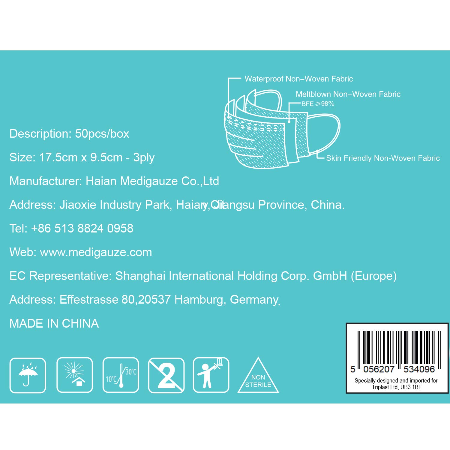 Triplast Disposable Face Mask, Medical Type IIR Surgical Grade, Pack of ...