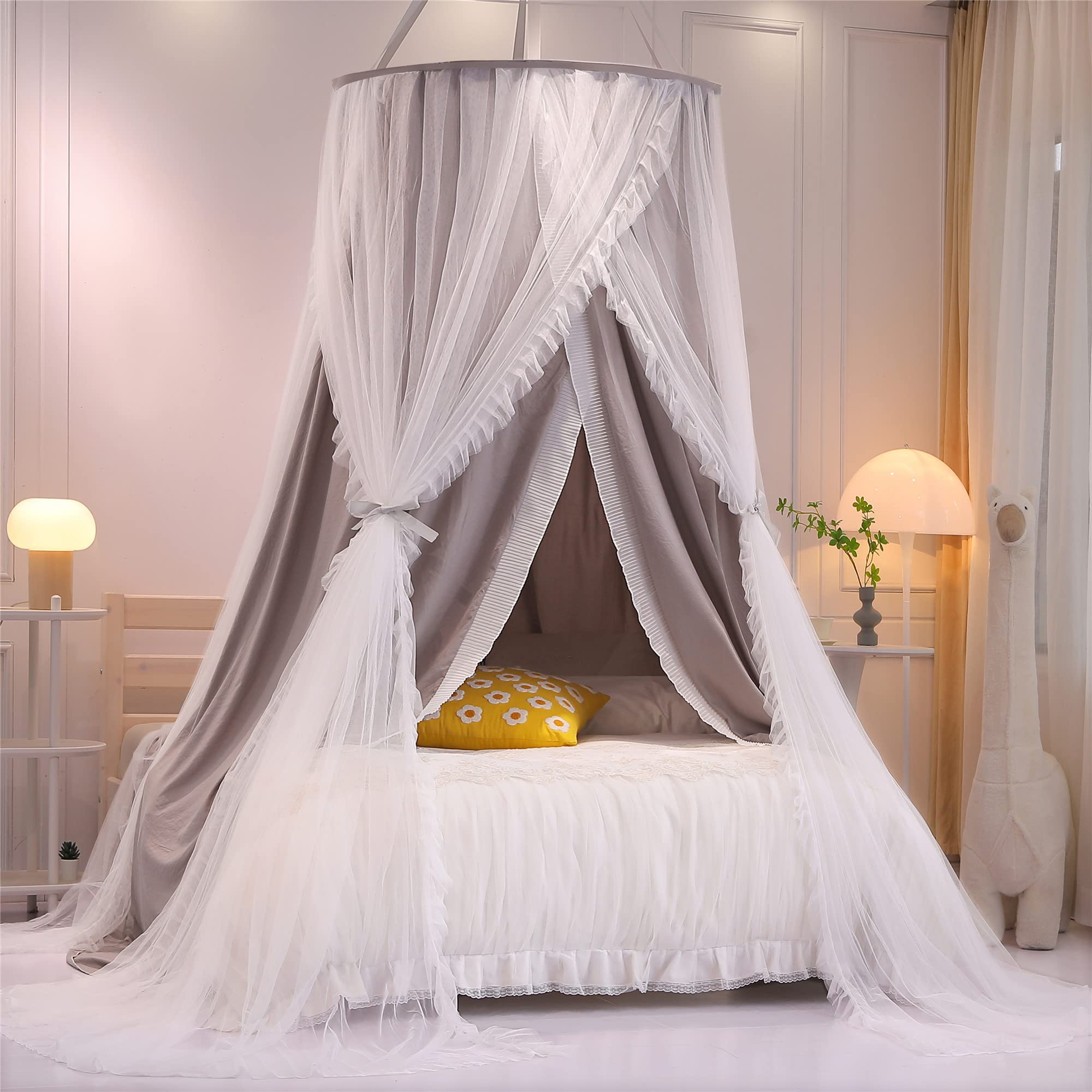 VETHIN Double Layer Princess Round Dome Canopy Bed Curtain for Girls ...