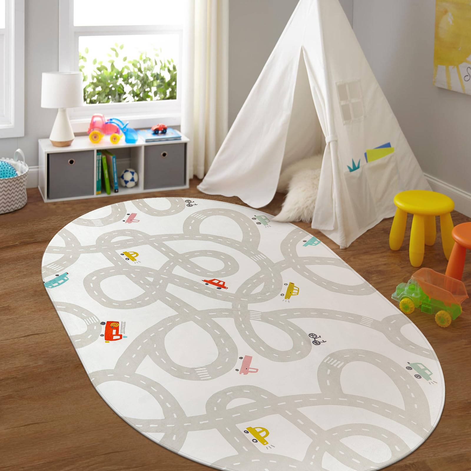 STARUIA Grey Kids Rug for Playroom, 5'x7' Washable Road Rug for Kids ...