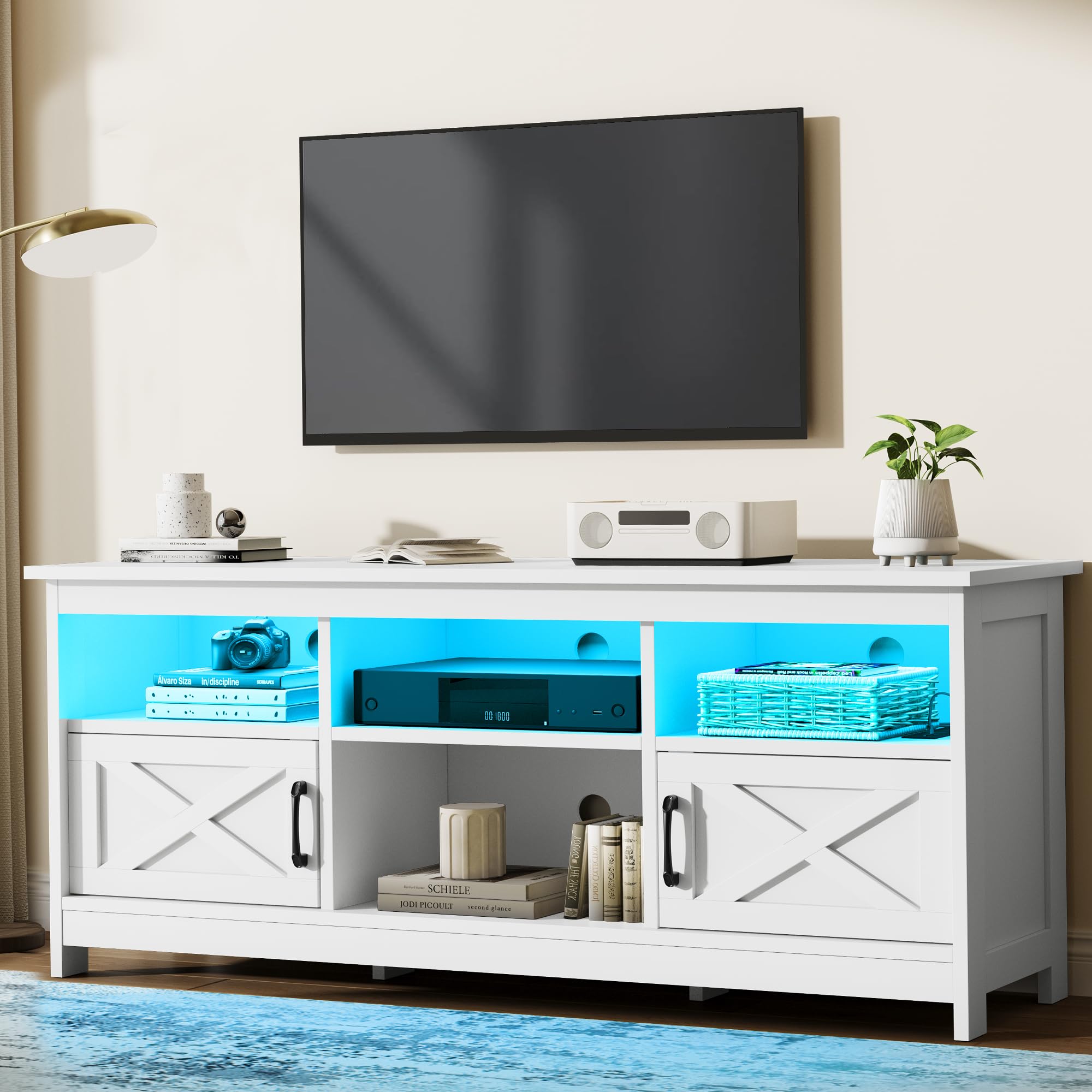 YITAHOME Farmhouse TV Stand with Power Outlet, LED Light Entertainment ...