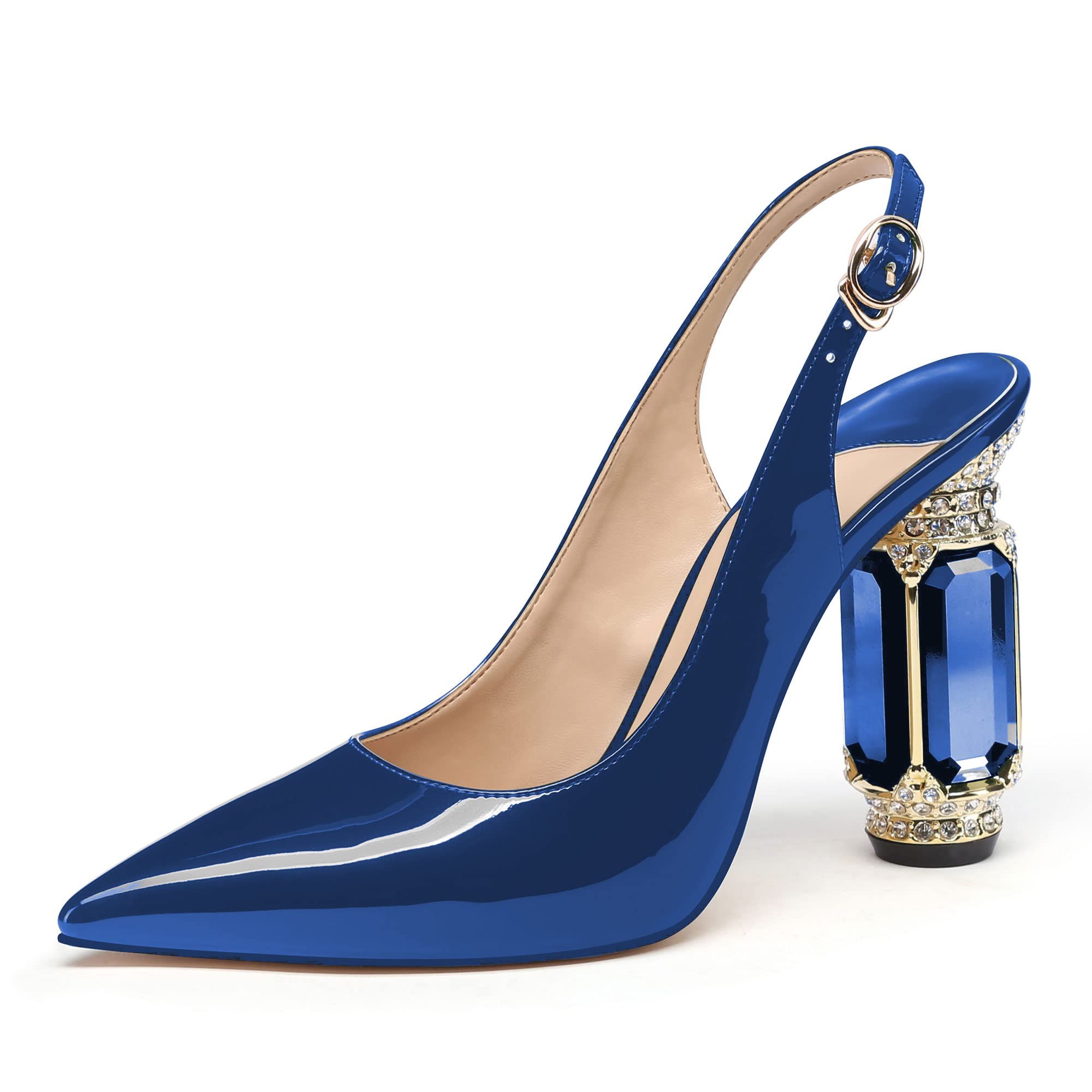 JANSEVEN Women Chunky Heels Pumps Royal Blue Crystal Block Heels with ...