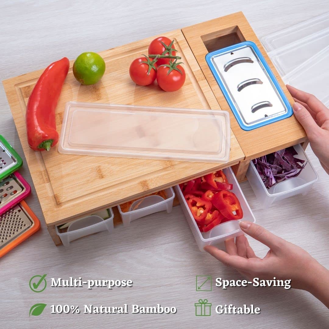 Mua Bamboo Cutting Board With Containers - Meal Prep Station With ...