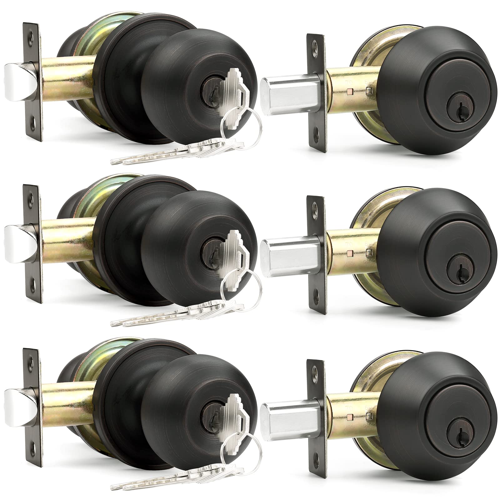 Probrico 3 Sets-Entry Door Knob Lockset and Single Cylinder Deadbolt ...