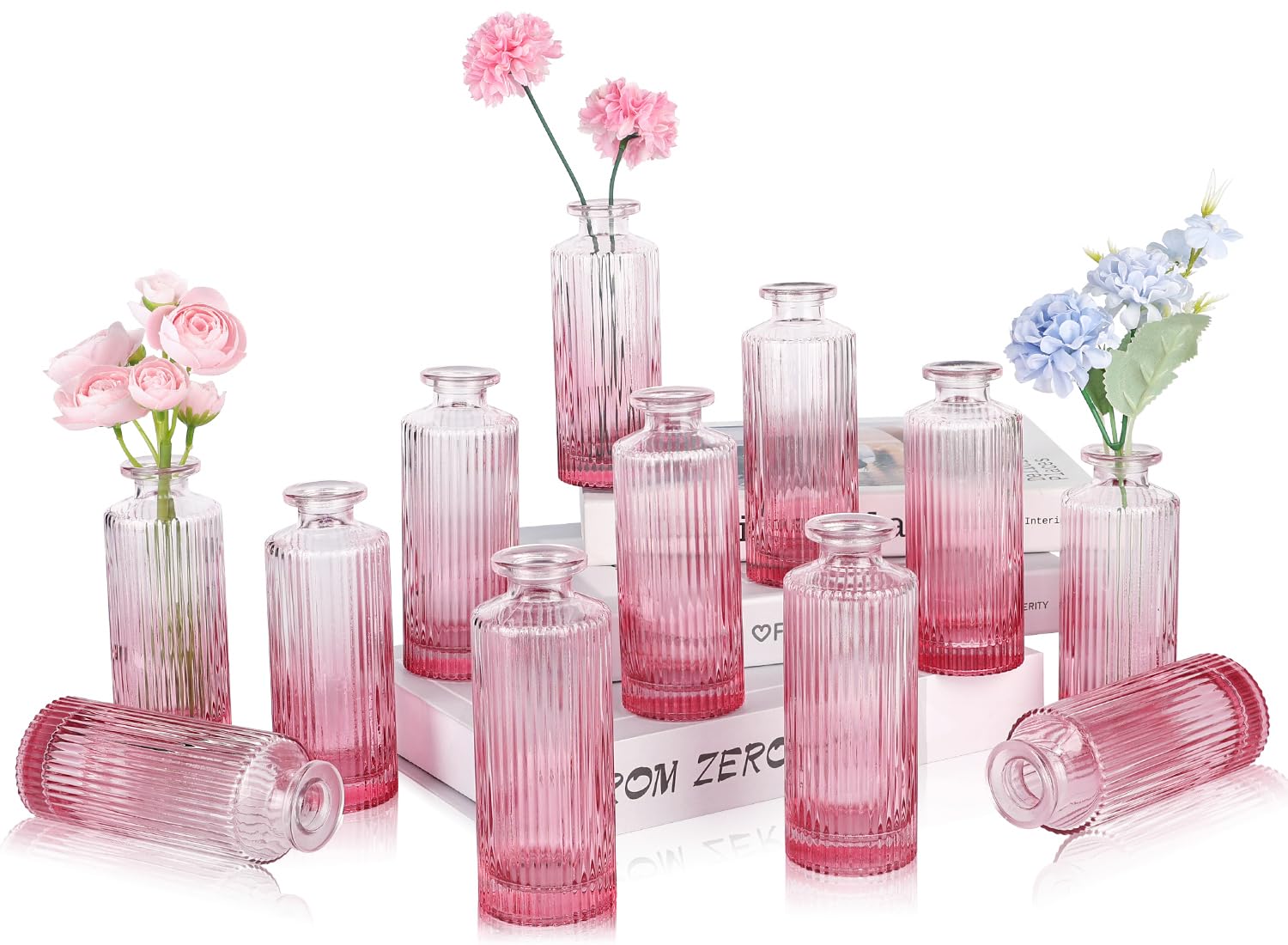 UPBUD Valentines Day Pink Glass Bud Vases Set of 12, Mini Ribbed Flower ...