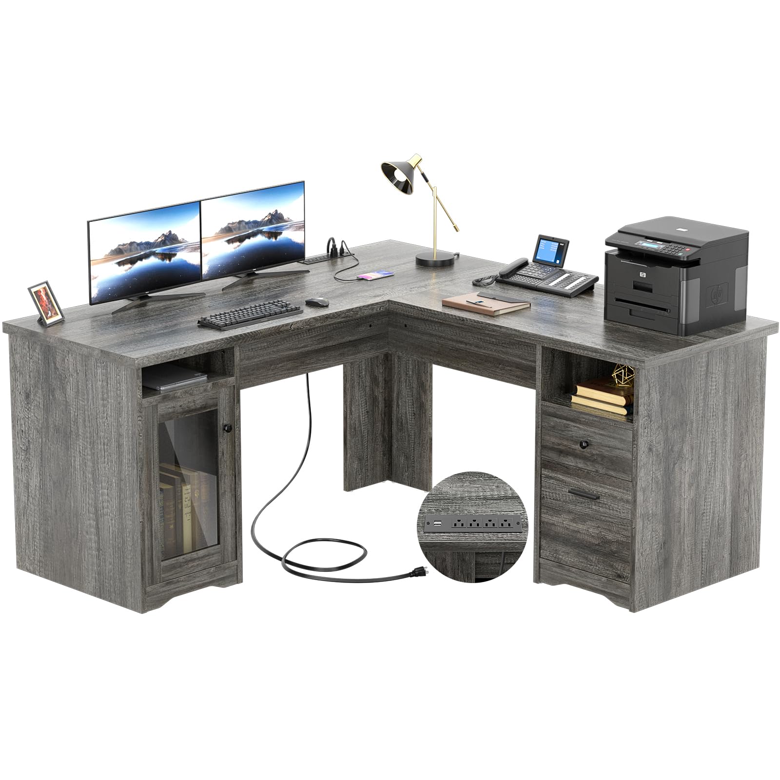 Unikito L Shaped Desk with Drawers, 60 Inch Corner Computer Desks with ...